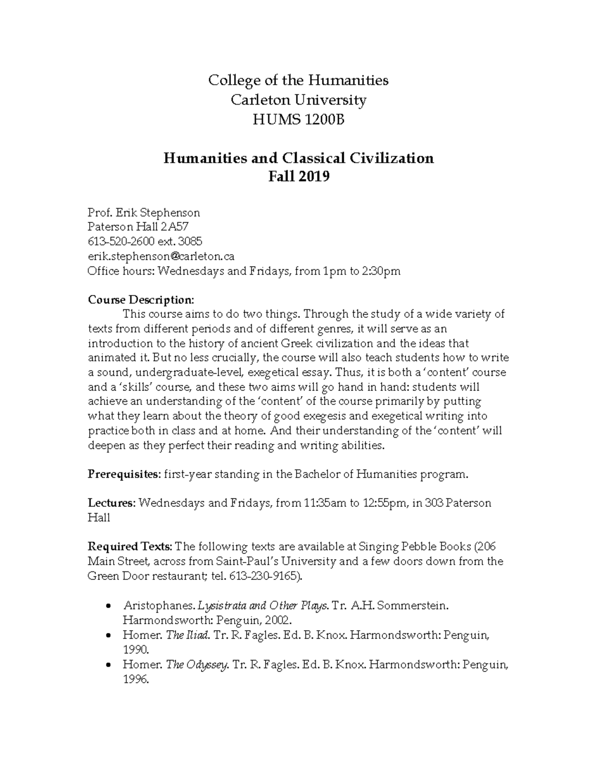 HUMS 1200B Course Outline Fall 2019 Stephenson - College of the ...