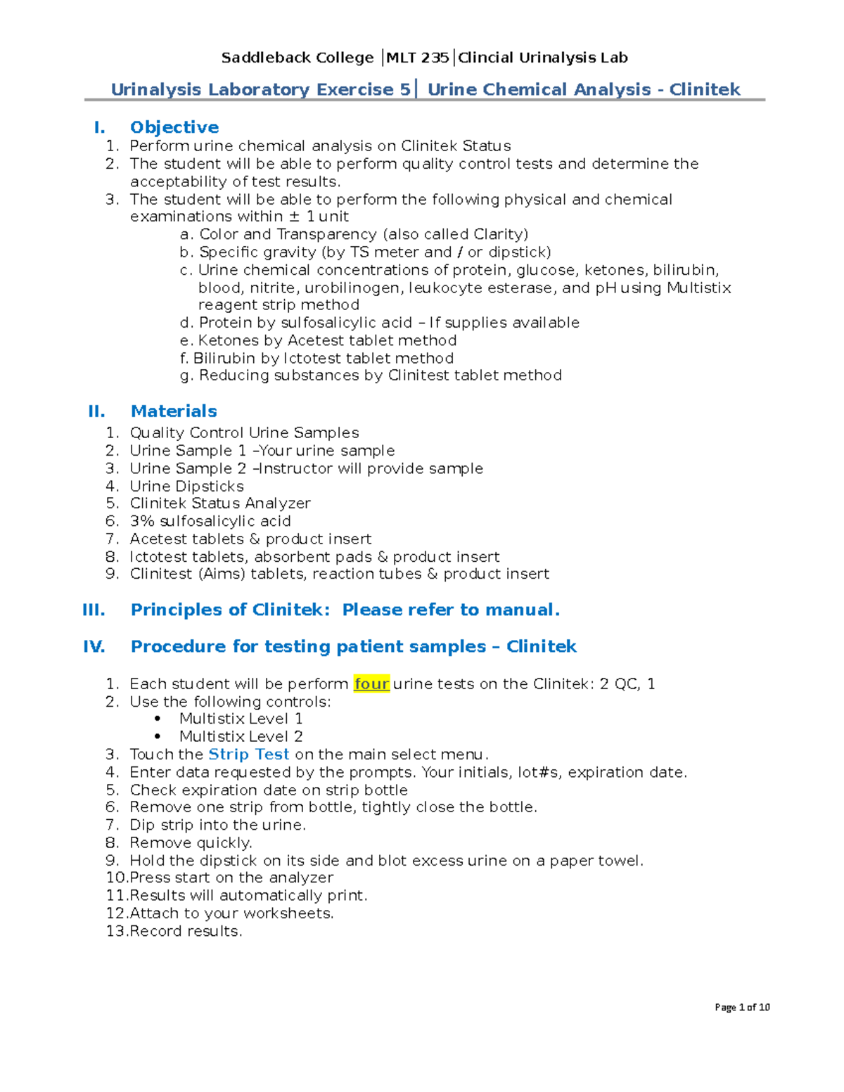 UA Lab 5 Clinitek & Other tests Semi Automated Chemical Analysis ...