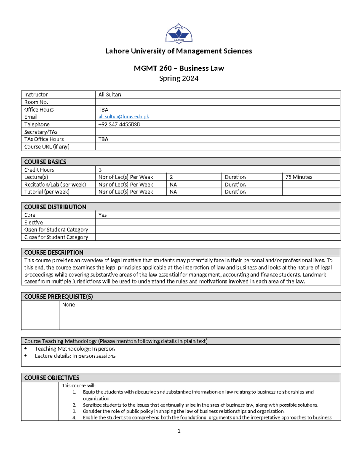Business Law Course Outline Spring 2024 - MGMT 260 – Business Law Spring 2024 Instructor Ali ...