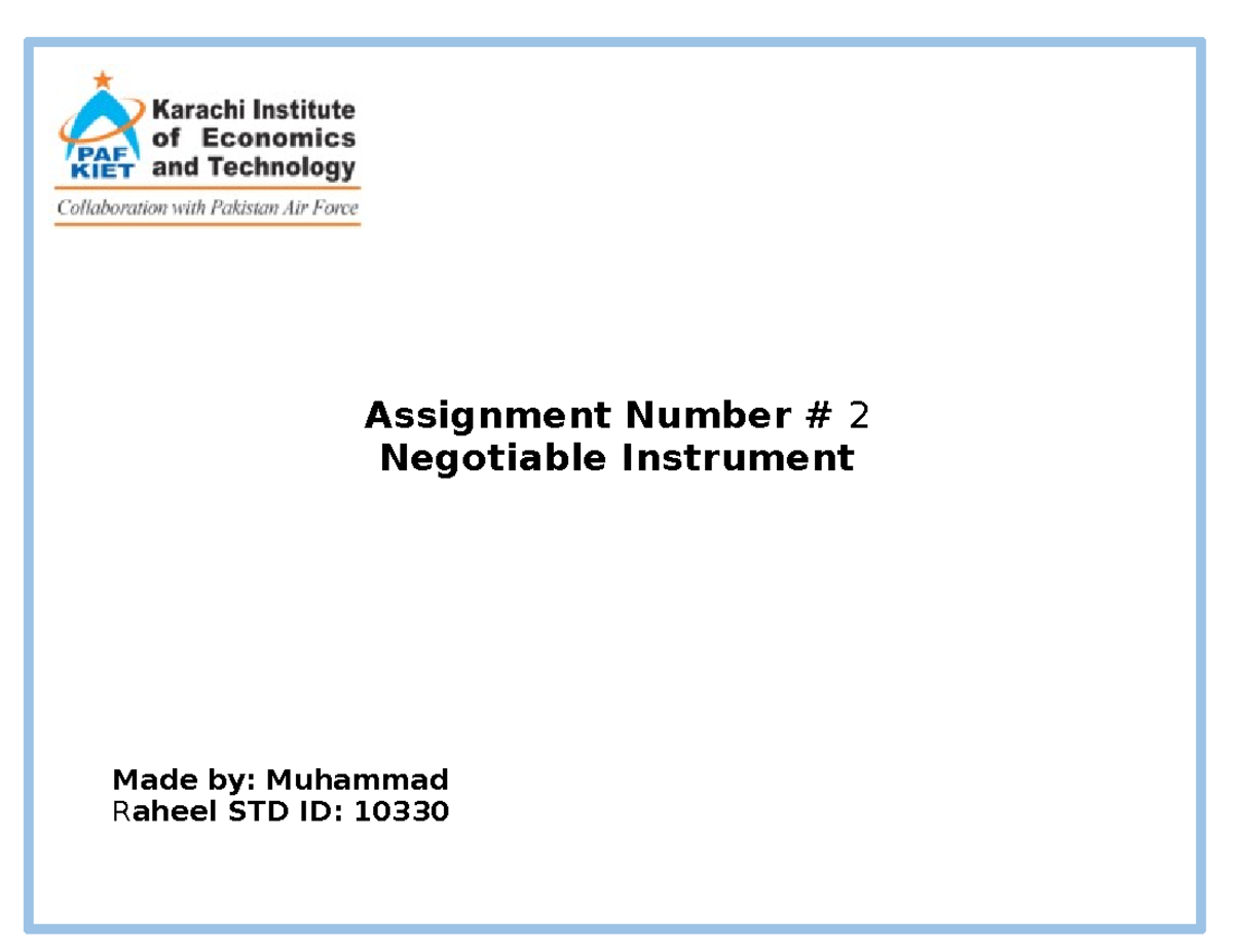 Assignment 2 Muhammad Raheel (10330) - Assignment Number # 2 Negotiable ...