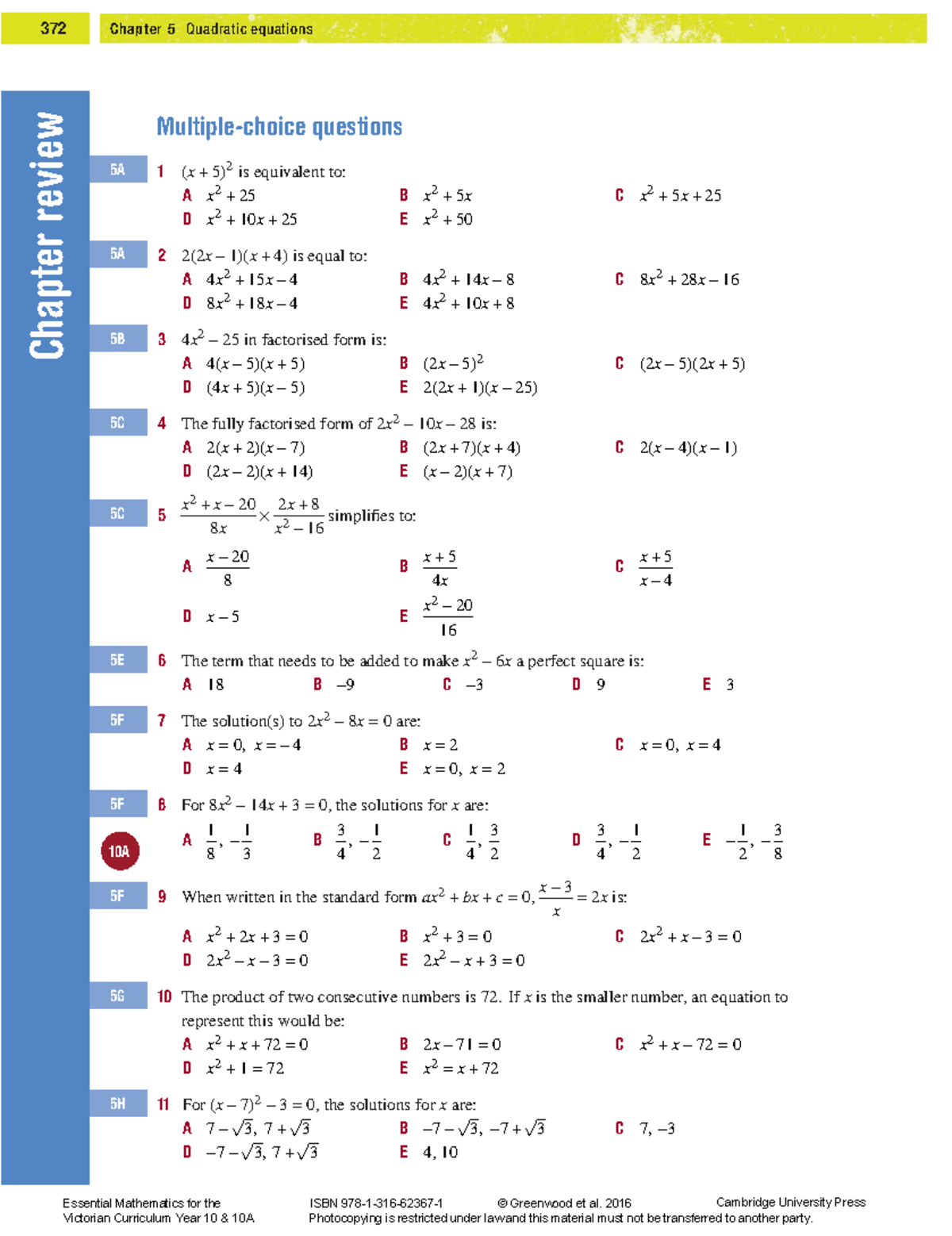 Quadratics test - 372 Chapter 5 Quadratic equations Multiple-choice ...