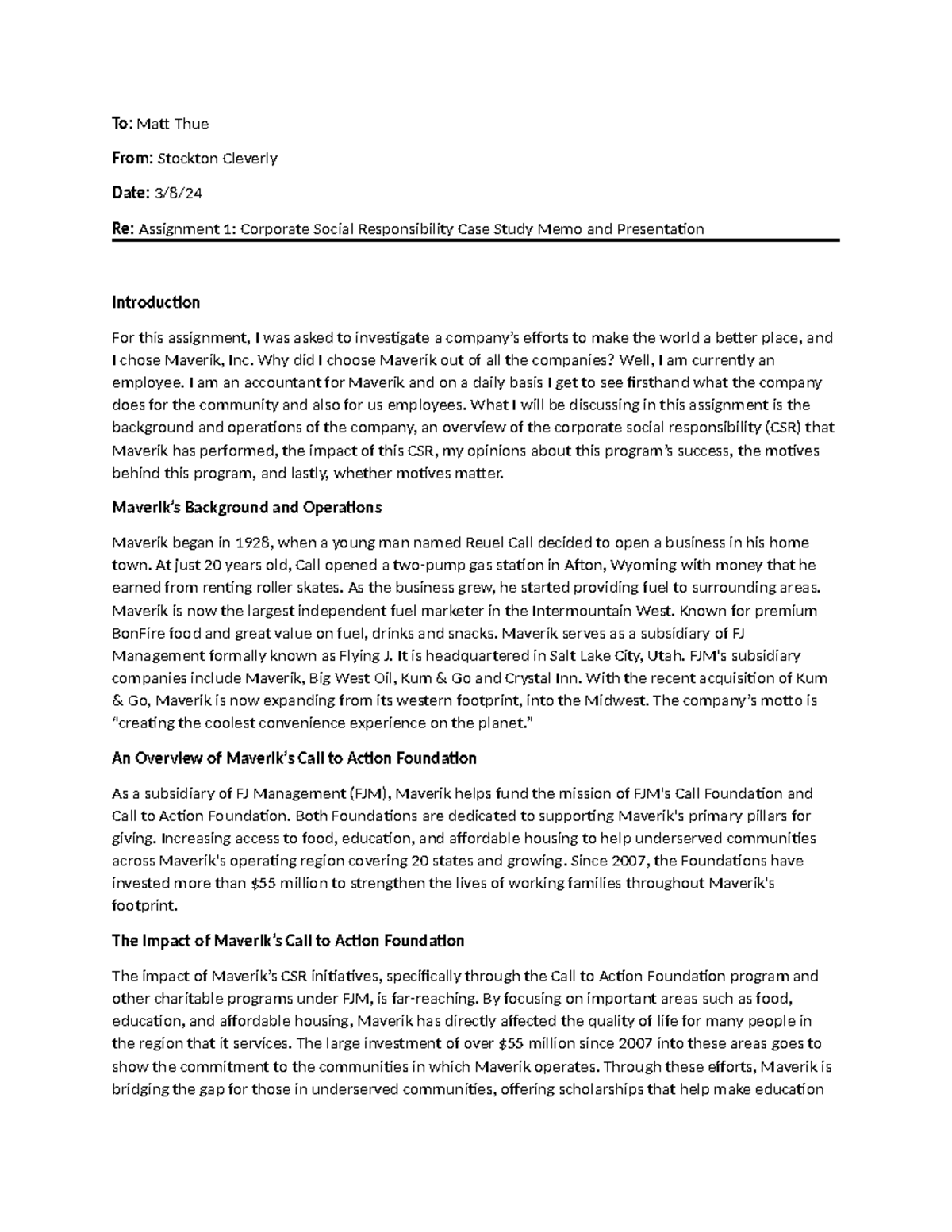 BSAD 3330 Assignment 1 - To: Matt Thue From: Stockton Cleverly Date: 3 ...