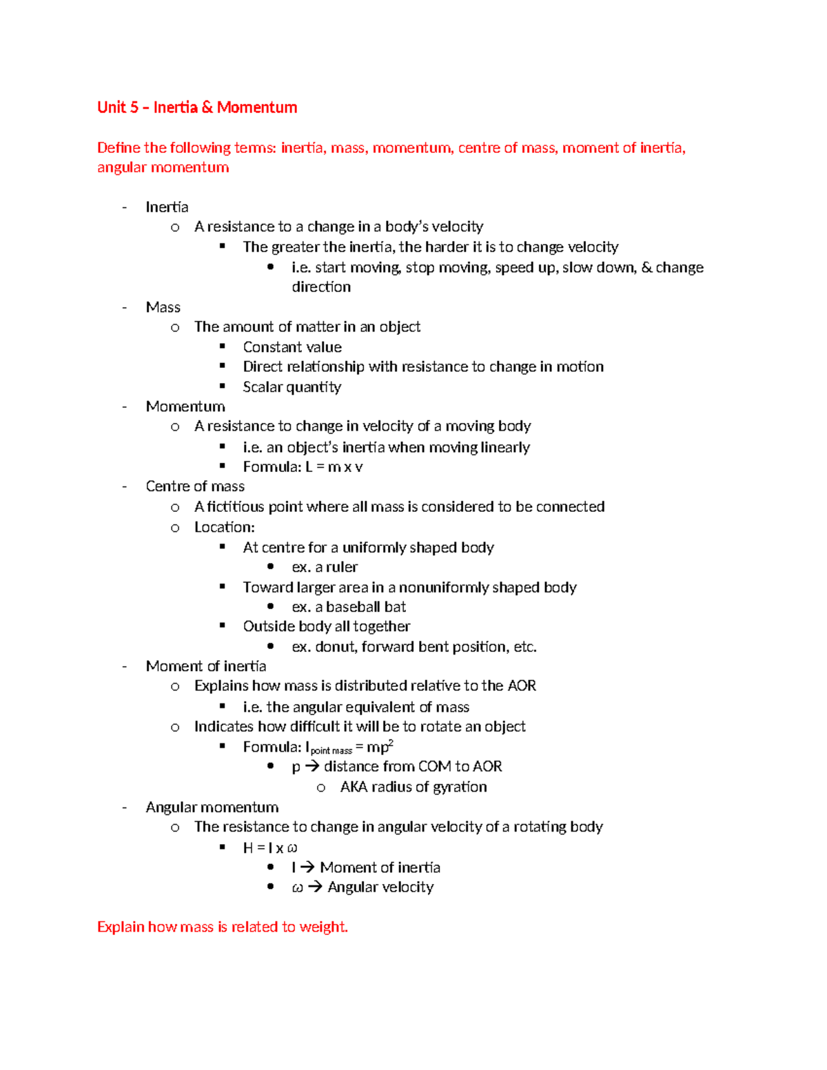 KIN 215 - Units 6-10 Notes - Unit 5 – Inertia & Momentum Define the ...