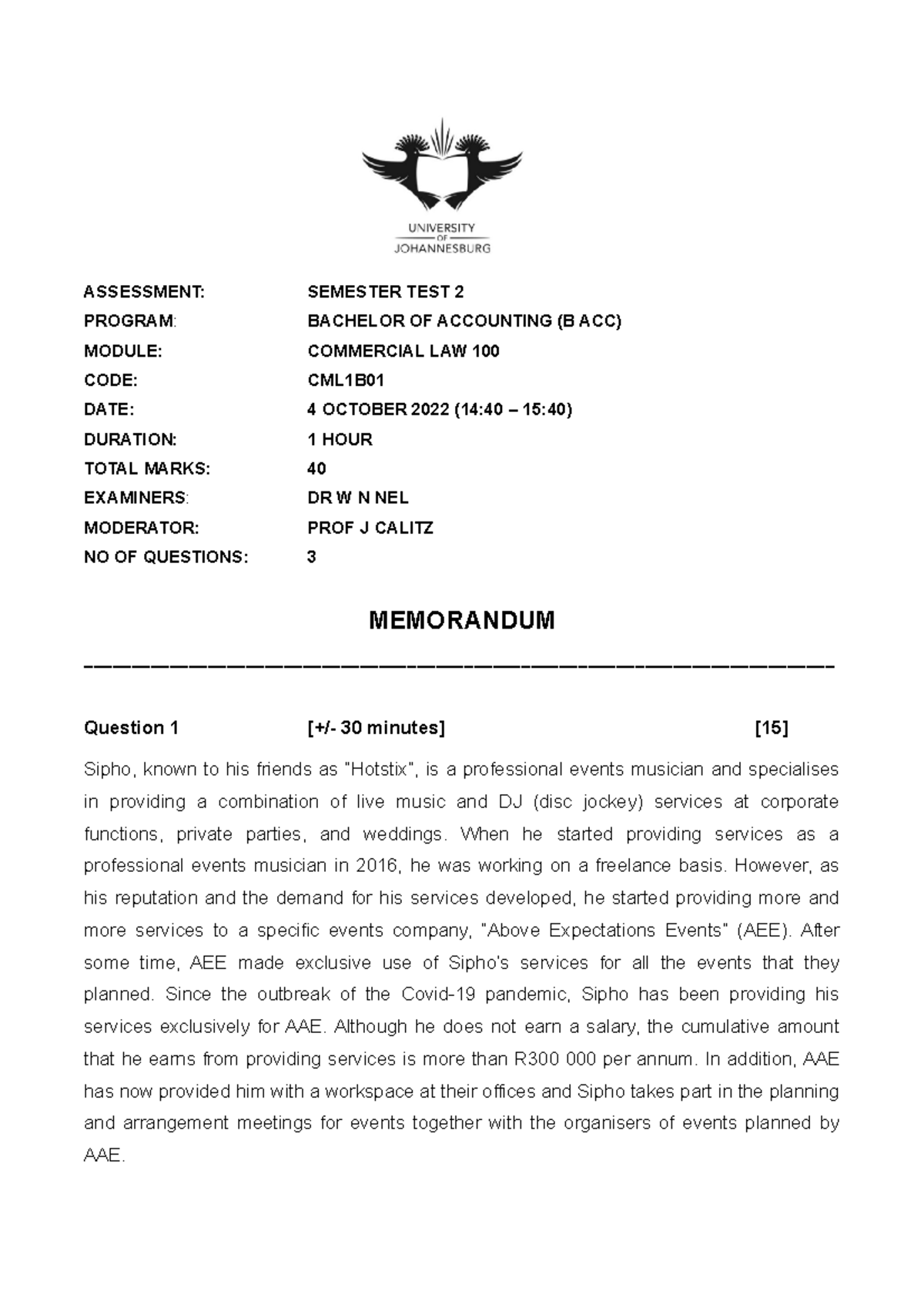 Semester Test 2 - 4 Oct 2022 MEMO - ASSESSMENT: SEMESTER TEST 2 PROGRAM ...
