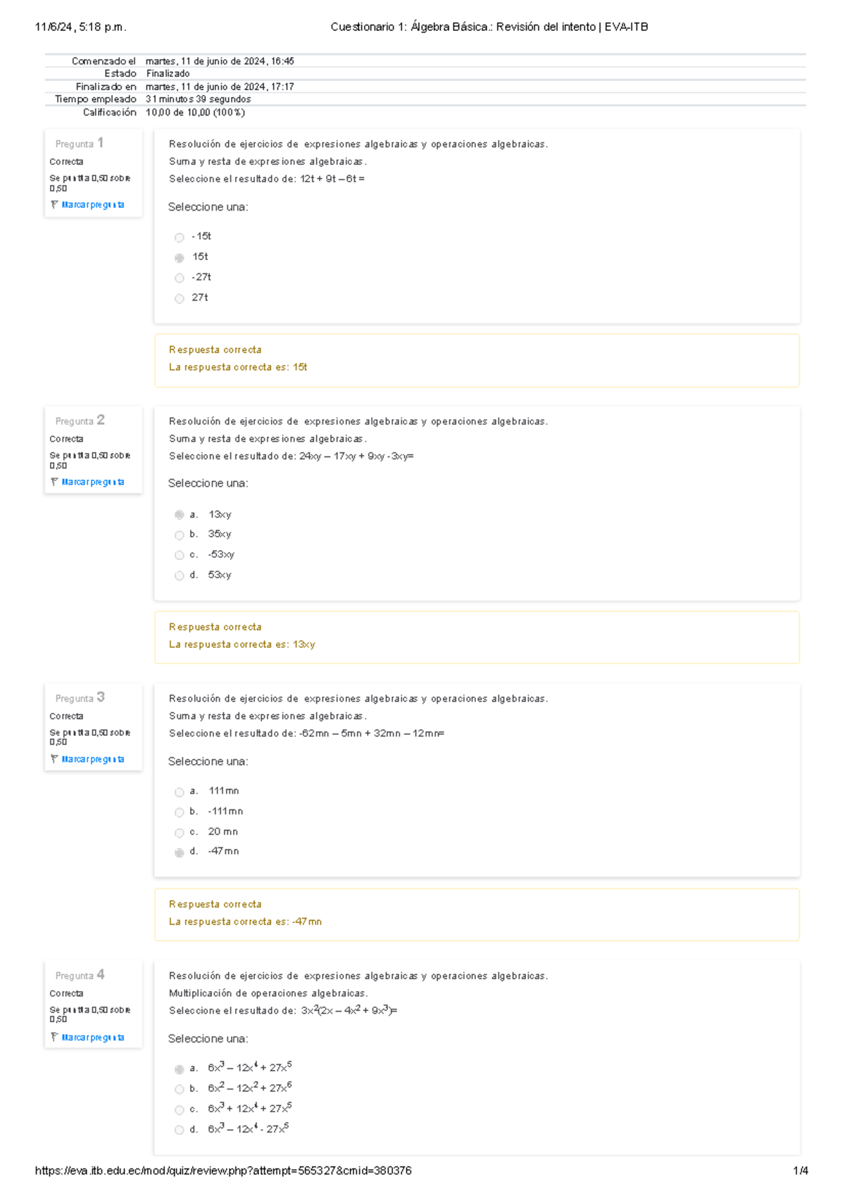Cuestionario 1 Álgebra Básica. Revisión del intento EVA-ITB - Pregunta ...