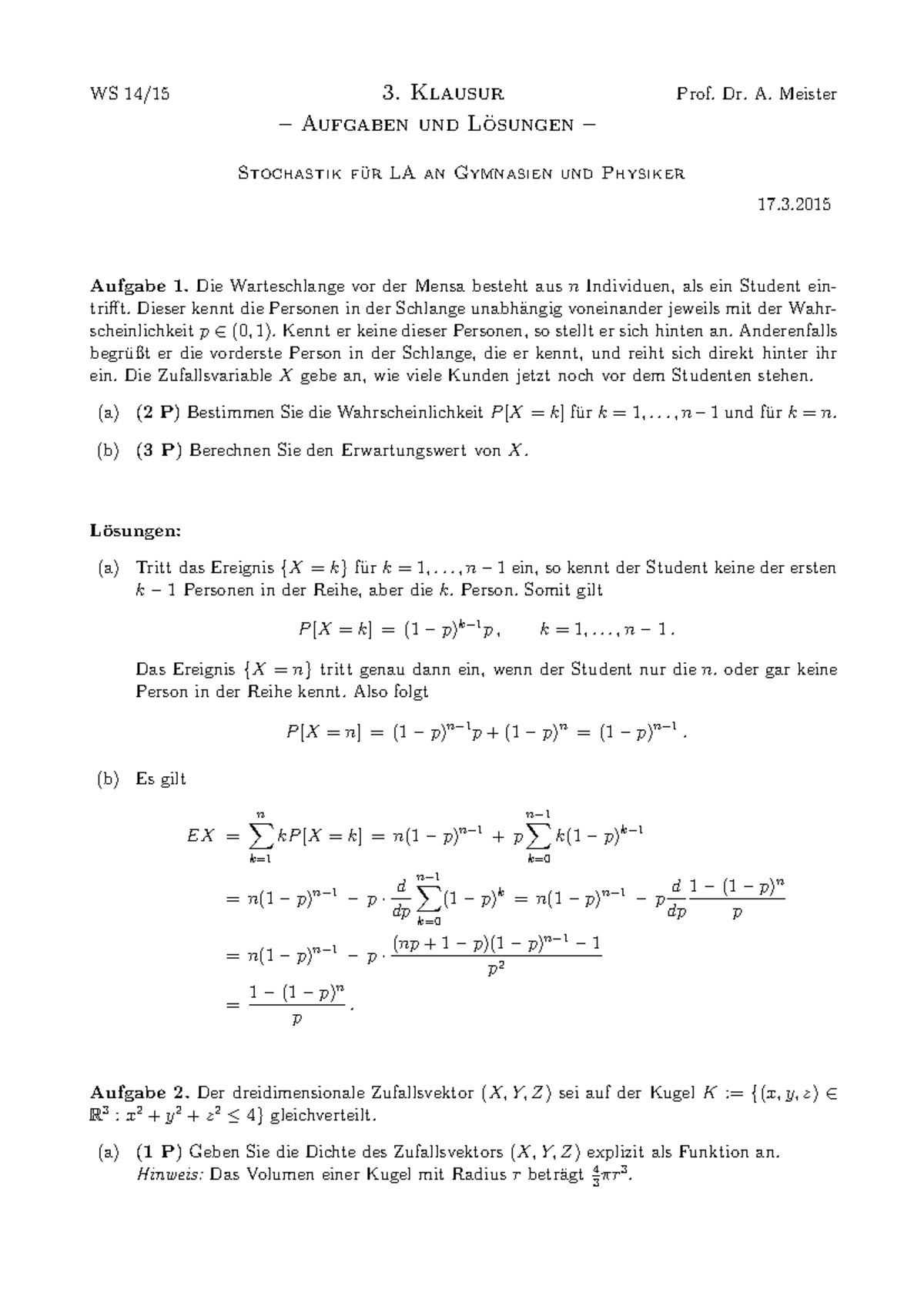 Klausur 17 März Wintersemester 2014/2015, Fragen und Antworten - WS 3. Klausur sungen Aufgaben ...