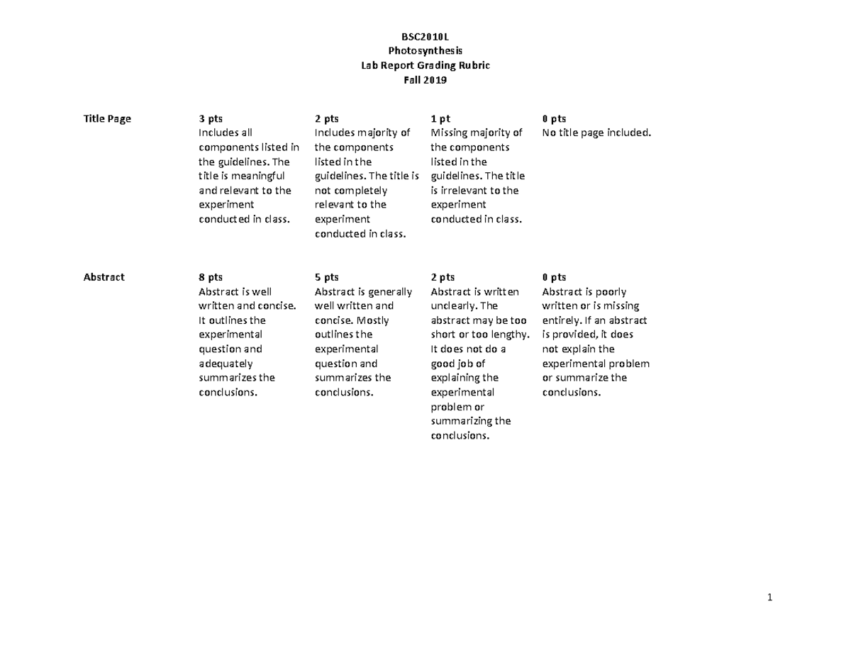 BSC2010 L Photosynthesis Grading Rubric FA19 - BSC2010L Photosynthesis ...