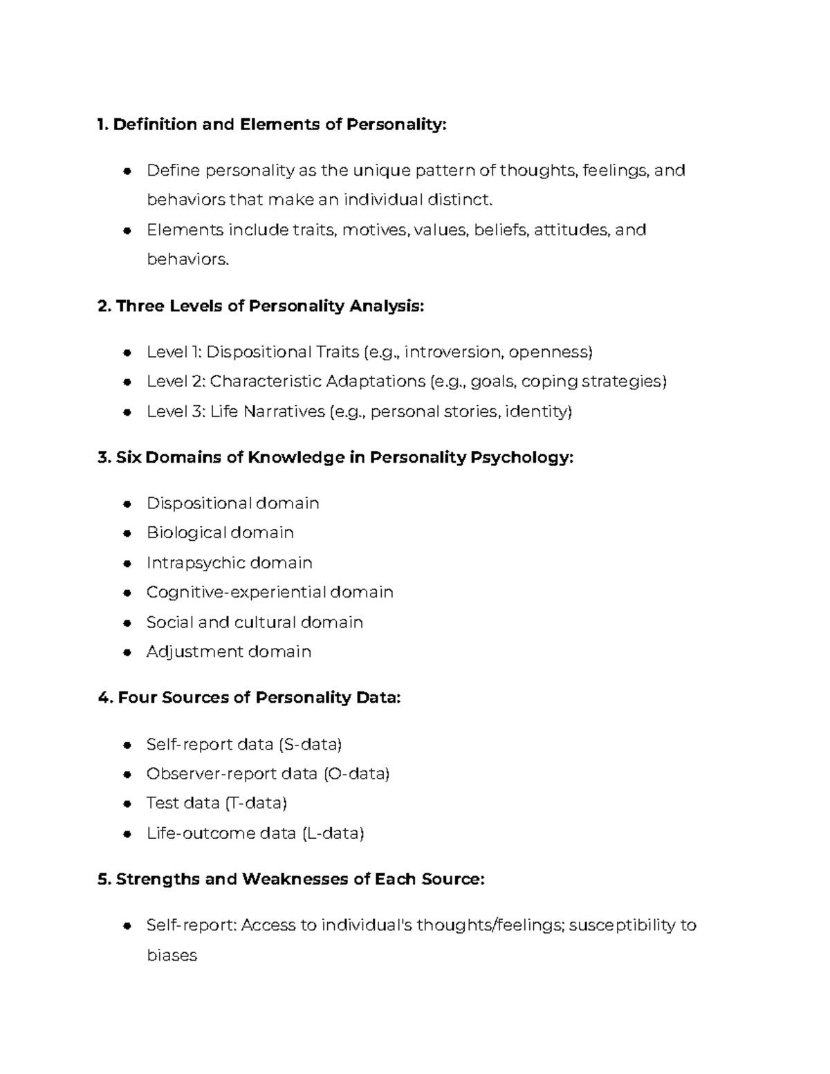 Study guide - For midterm - Definition and Elements of Personality ...