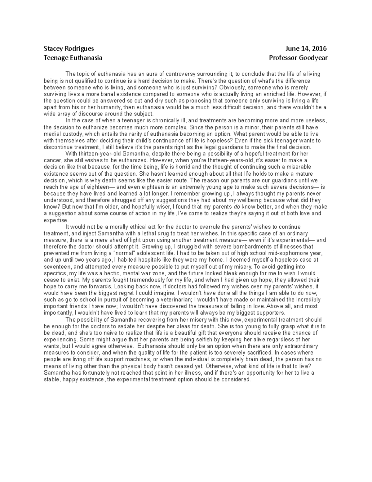 Teenage Euthanasia - Weekly homework response based on the reading ...