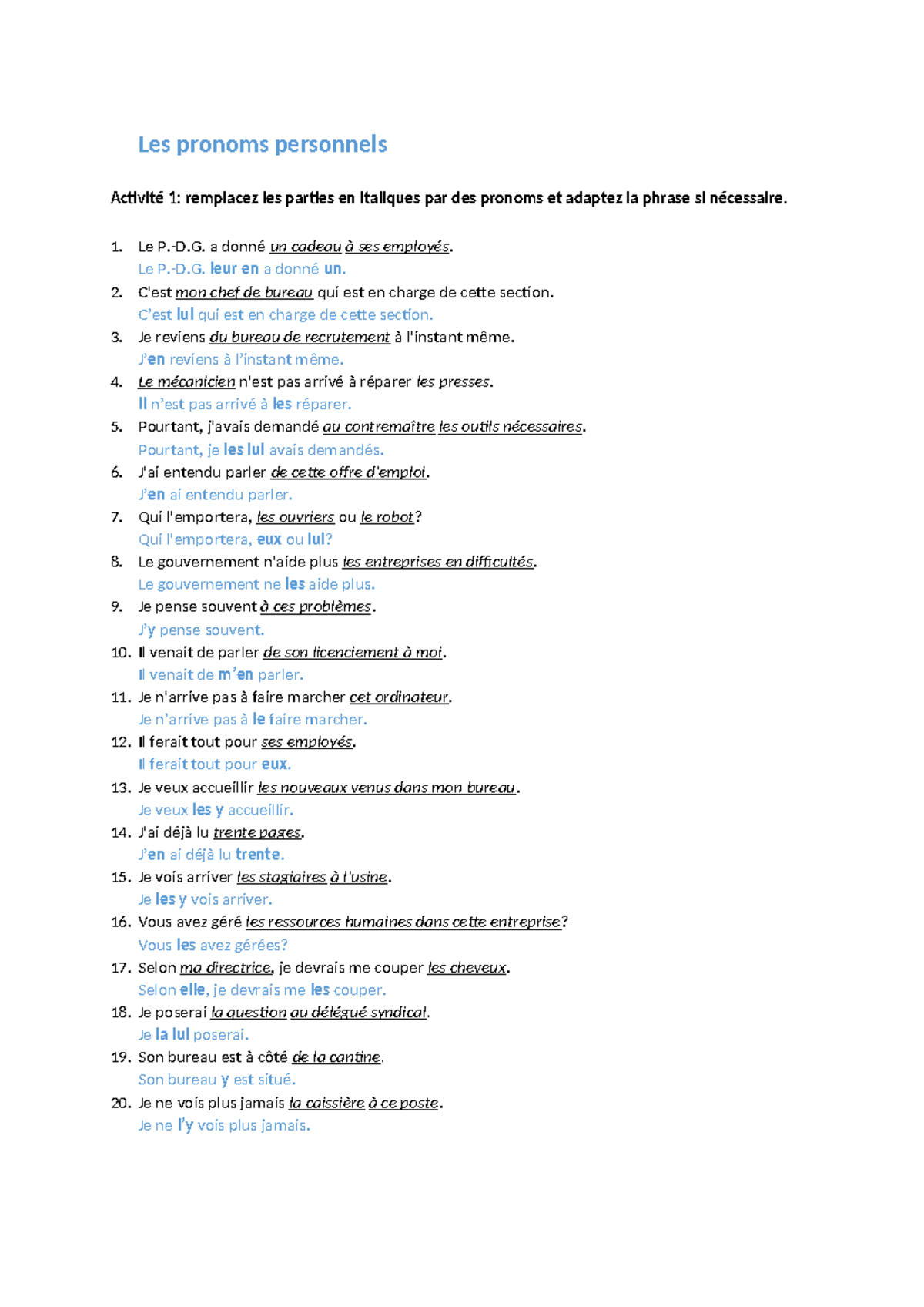 Excercices pronoms personnels - Les pronoms personnels Activité 1 ...