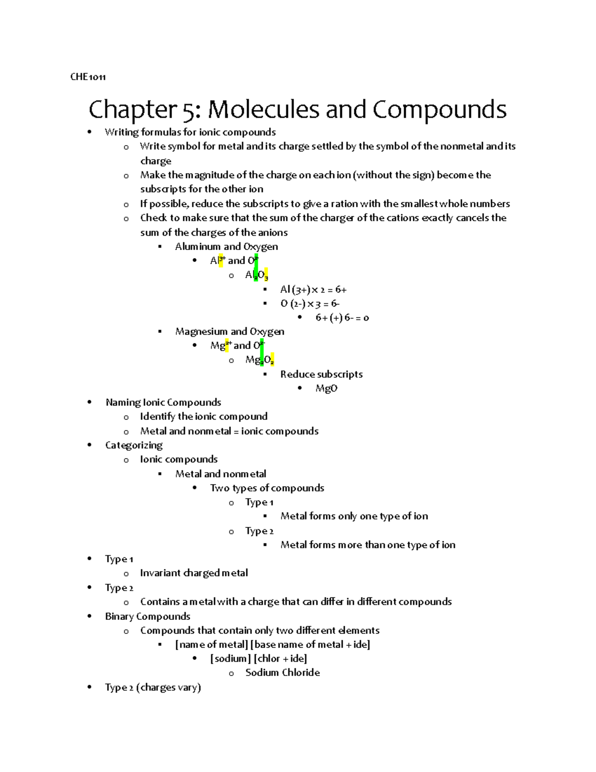 CHE101 - Chapter 5 Lecture Notes Part 2 - CHE Chapter 5: Molecules and ...