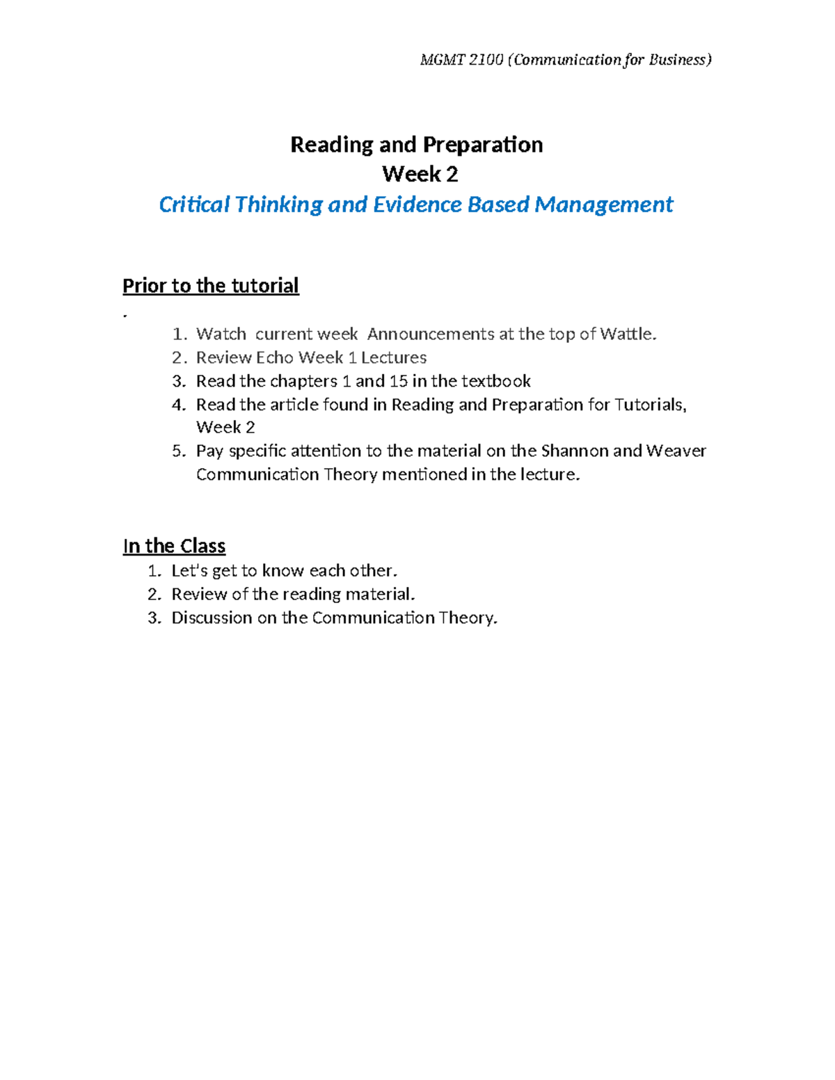 Week 2 Preparation - MGMT 2100 (Communication for Business) Reading and ...