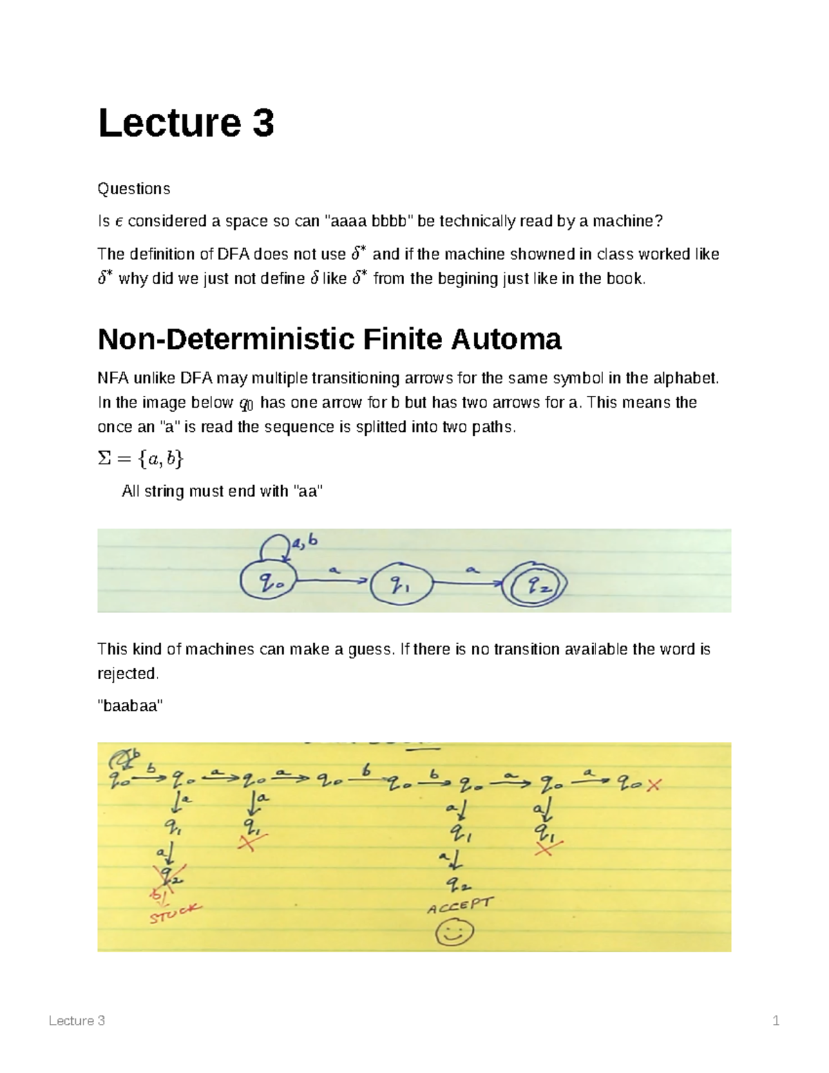 Lecture 3 - NFA - Lecture 3 1 Lecture 3 Questions Is considered a space so can “aaaa bbbb” be ...