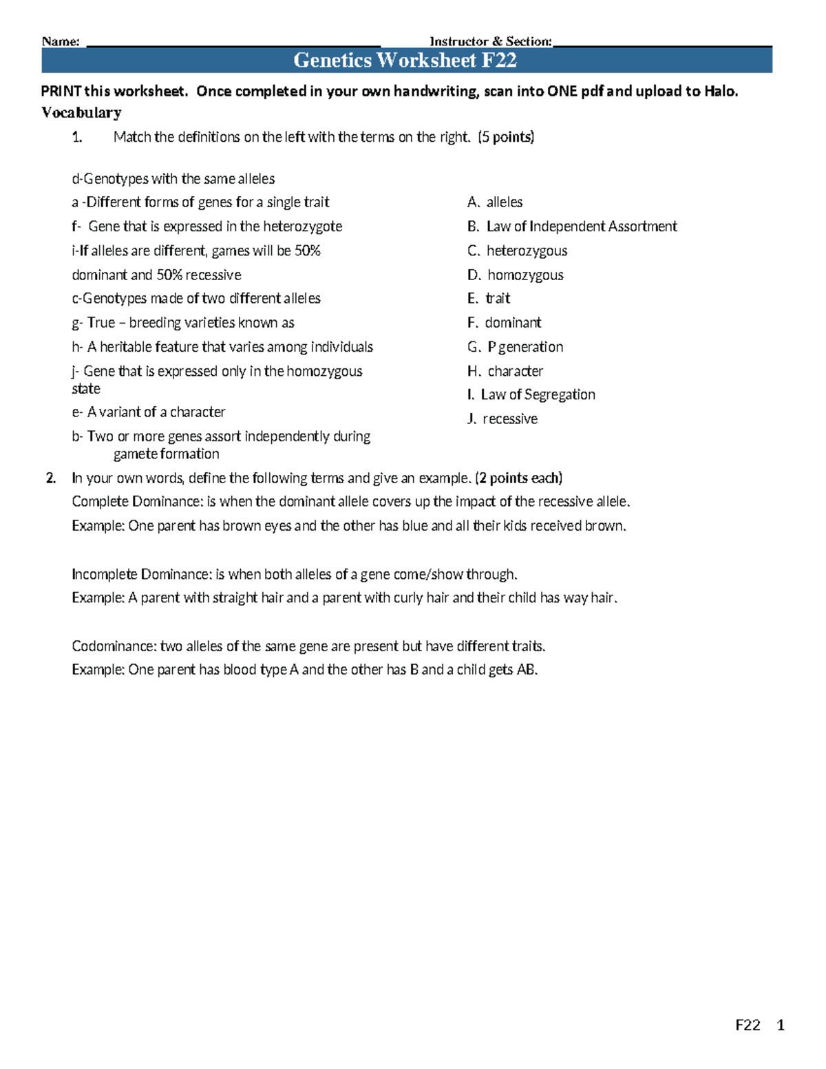 Genetics Punnett Square - Genetics Worksheet F PRINT this worksheet ...