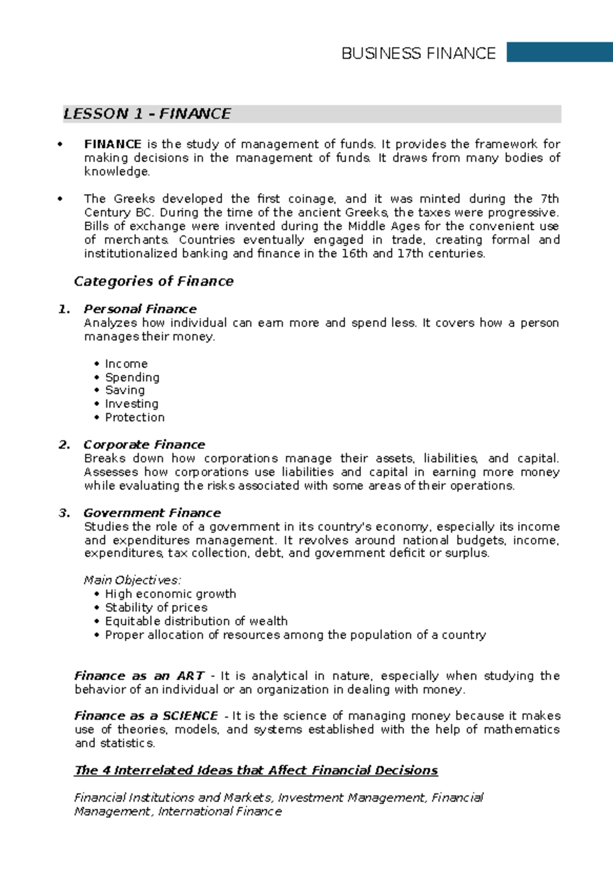 Bus Fin Notes - Finance - BUSINESS FINANCE LESSON 1 - FINANCE FINANCE ...