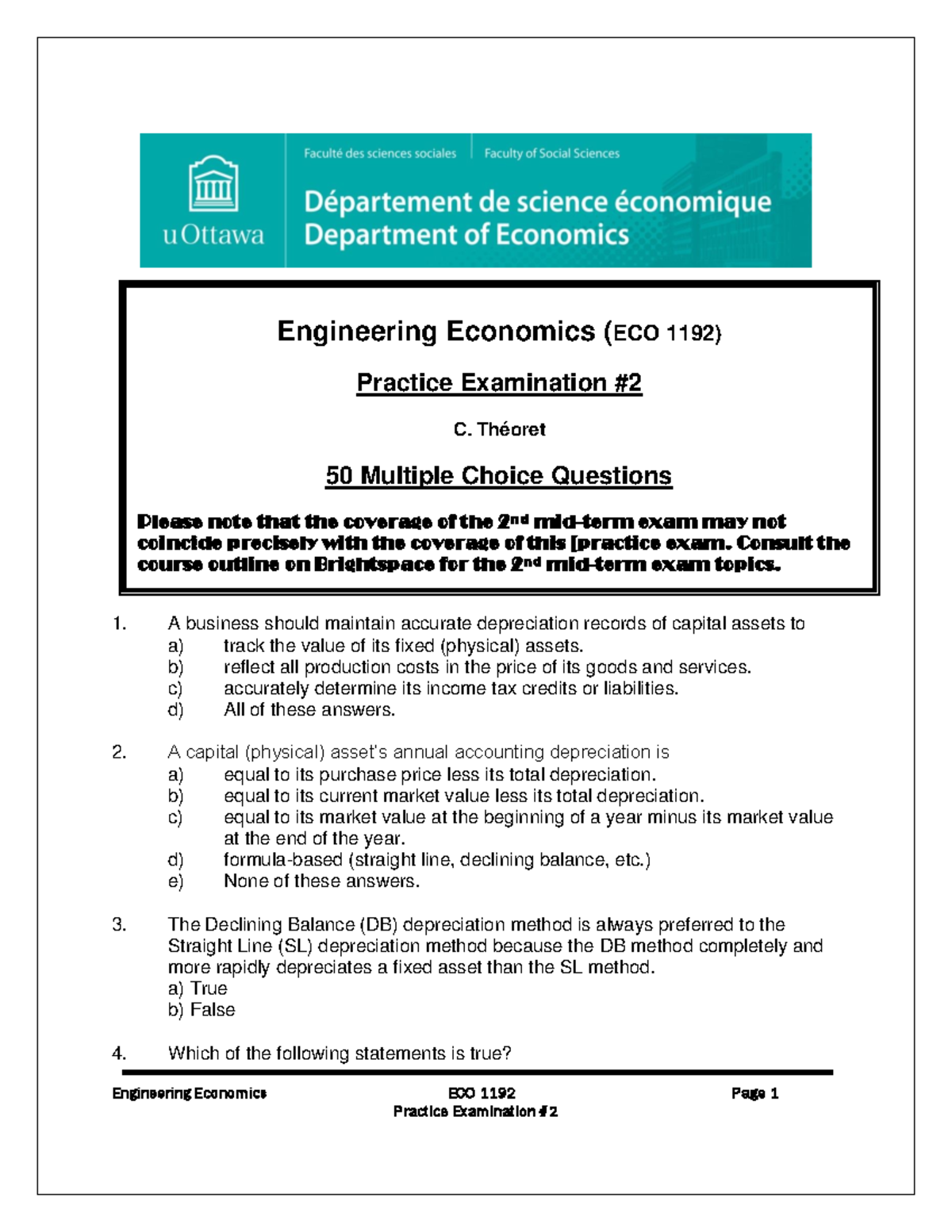 Practice Midterm Exam #2 - Engineering Economics ECO 1192 Page 1 A ...