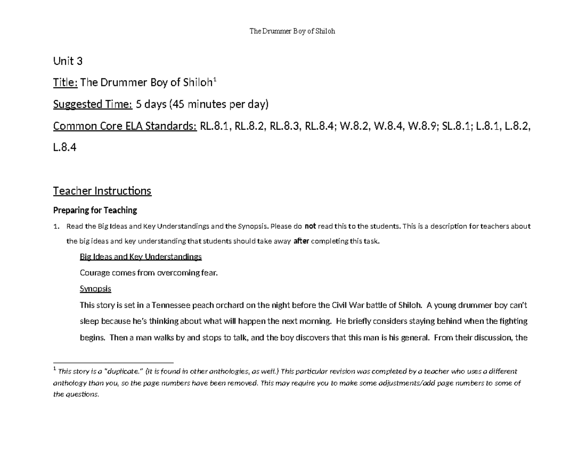 8. The Drummer Boy of Shiloh. lesson - Story - Unit 3 Title: The ...