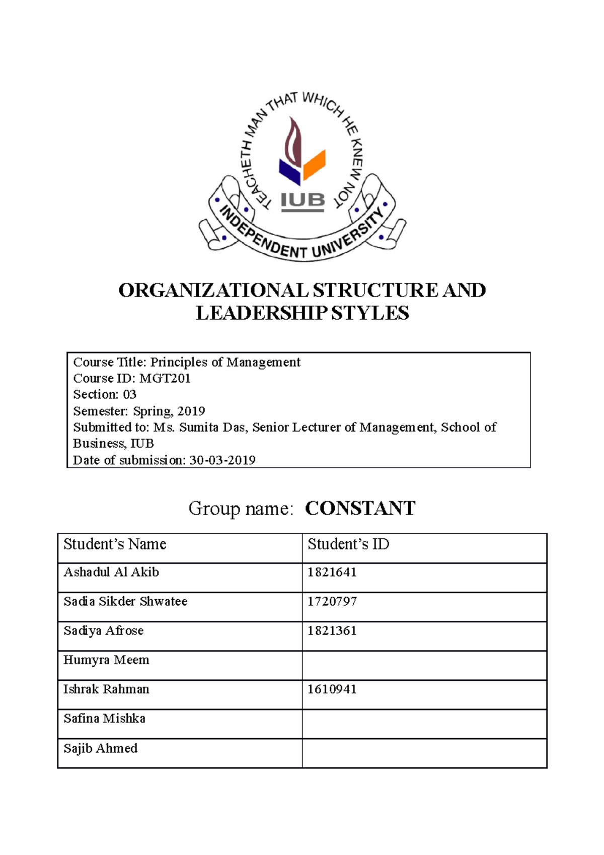 Report on Organization Structure and Leadership Style - ORGANIZATIONAL ...