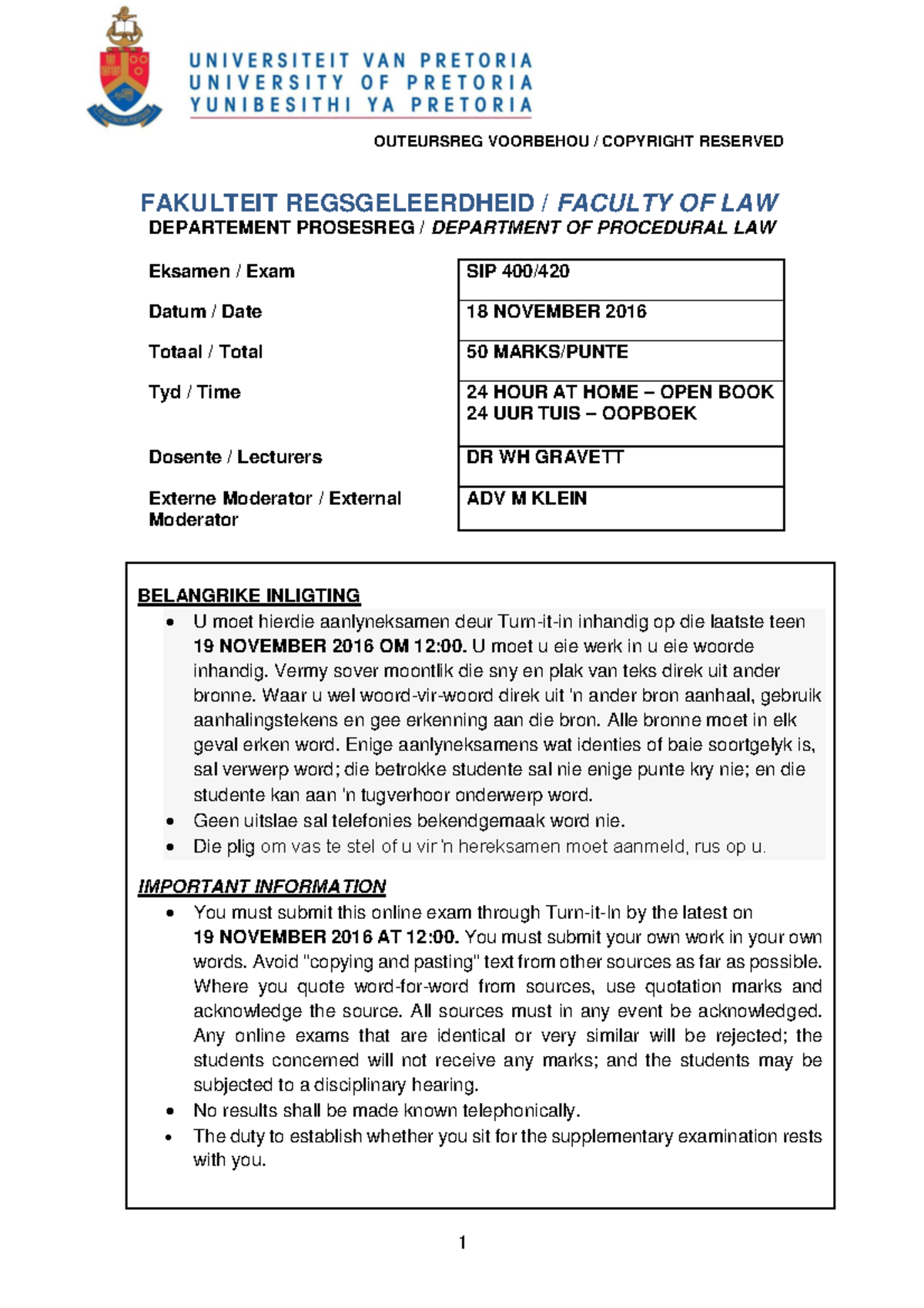 SIP 400.420 2016 Exam - Practice questions - OUTEURSREG VOORBEHOU ...