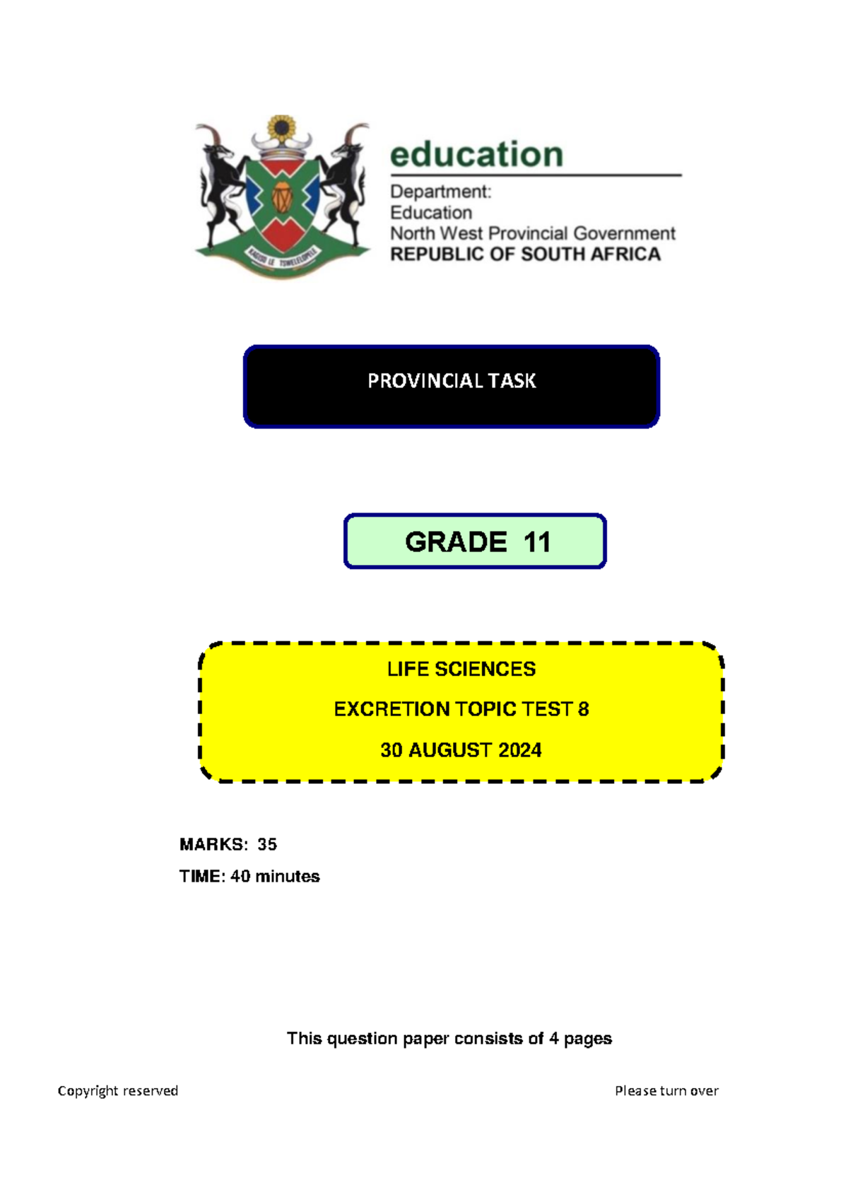 Final Grade 11 Excretion Topic TEST - Copyright reserved Please turn ...