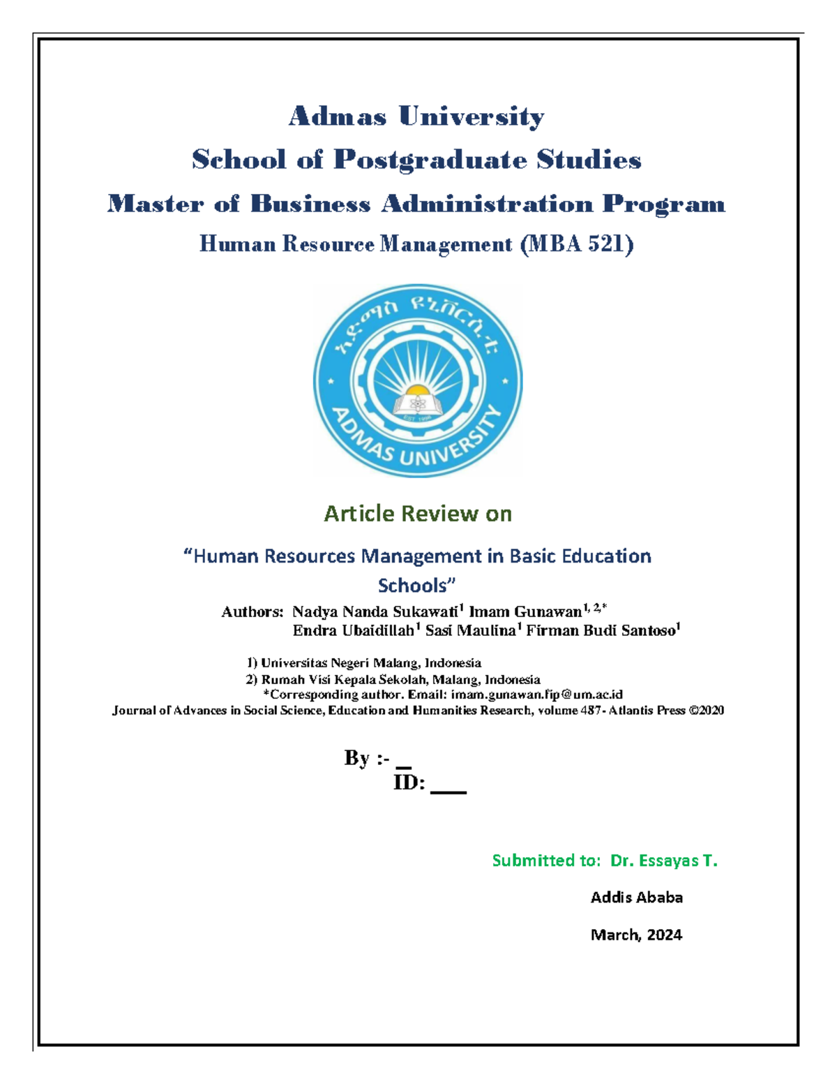 HRM Article Review Admas University - Admas University School of ...