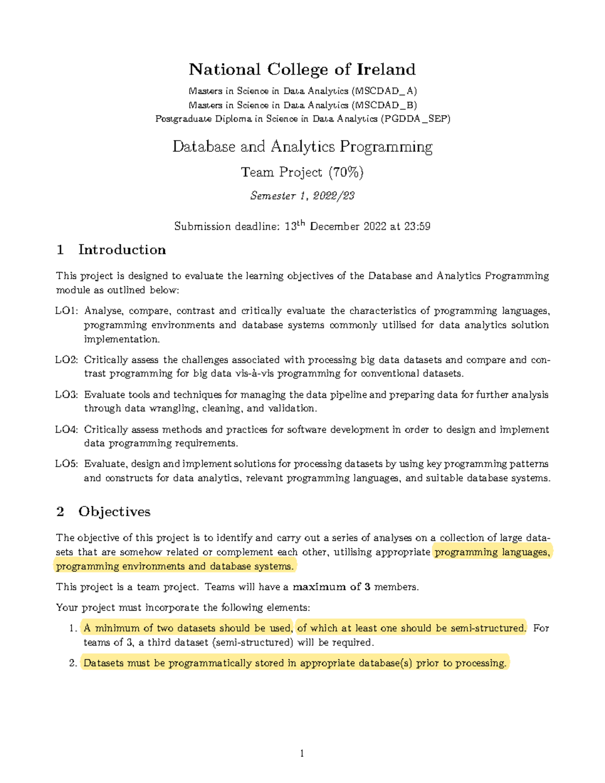 Database and Analytics Programming Project Descriptor - National College of Ireland Masters in ...