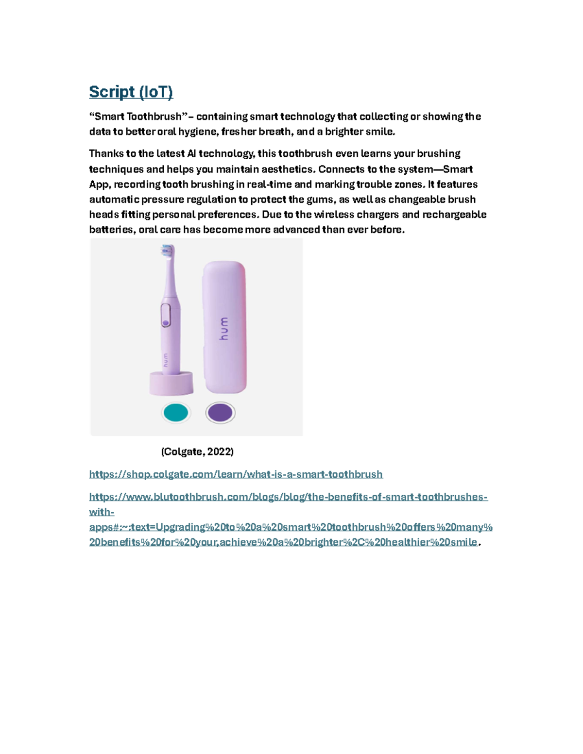 Iot Script For Taking Reference Script Iot Smart Toothbrush” Containing Smart