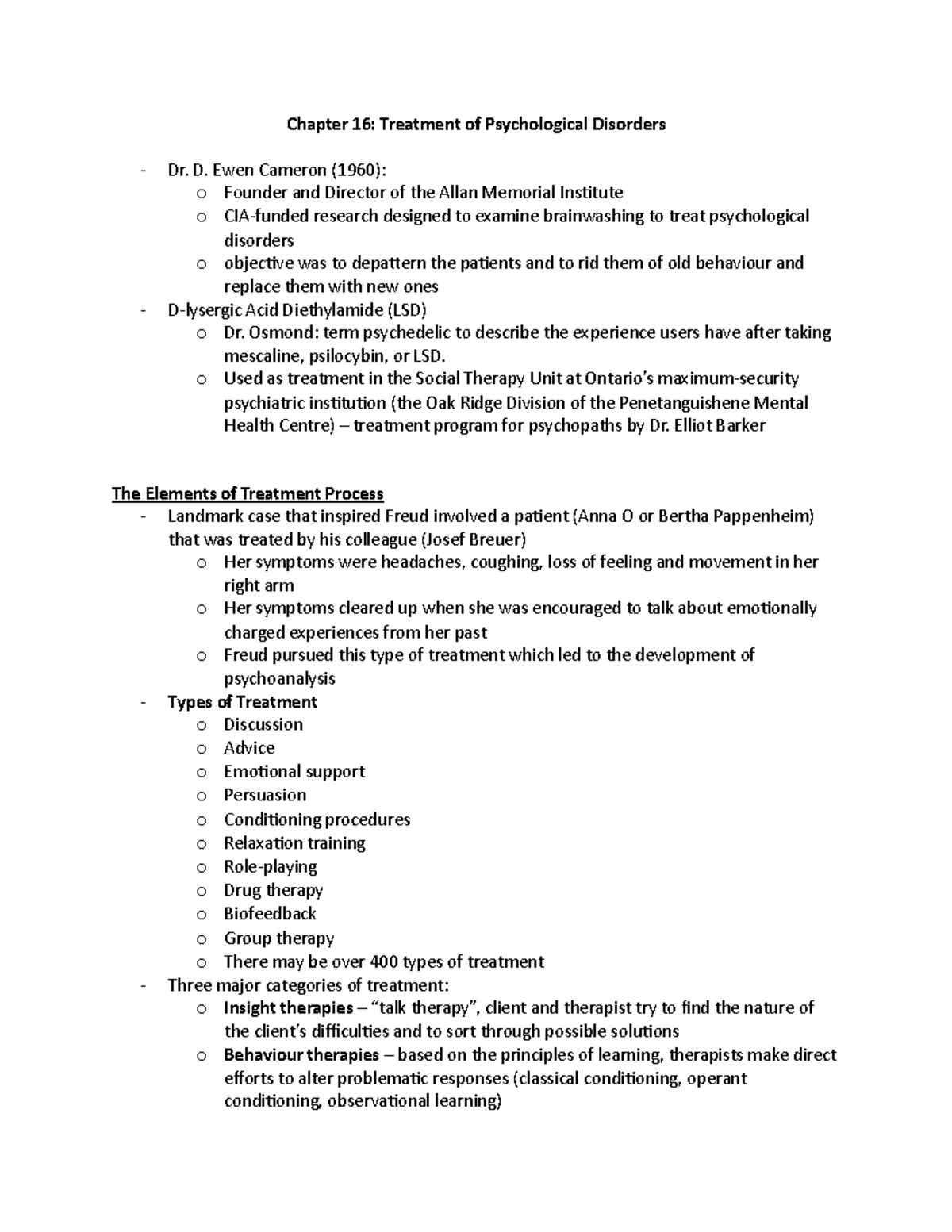 Chapter 16 - Treatment of Psychological Disorders Notes - Chapter 16 ...
