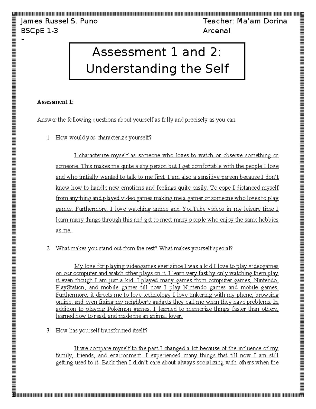 Understanding the self - Assessment 1: Answer the following questions ...