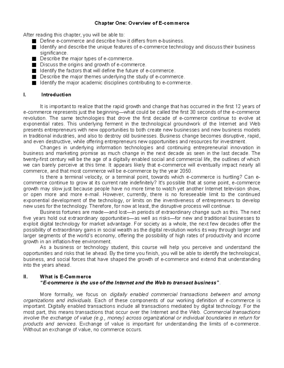 Chapter 1 - lecture notes - Chapter One: Overview of E-commerce After ...