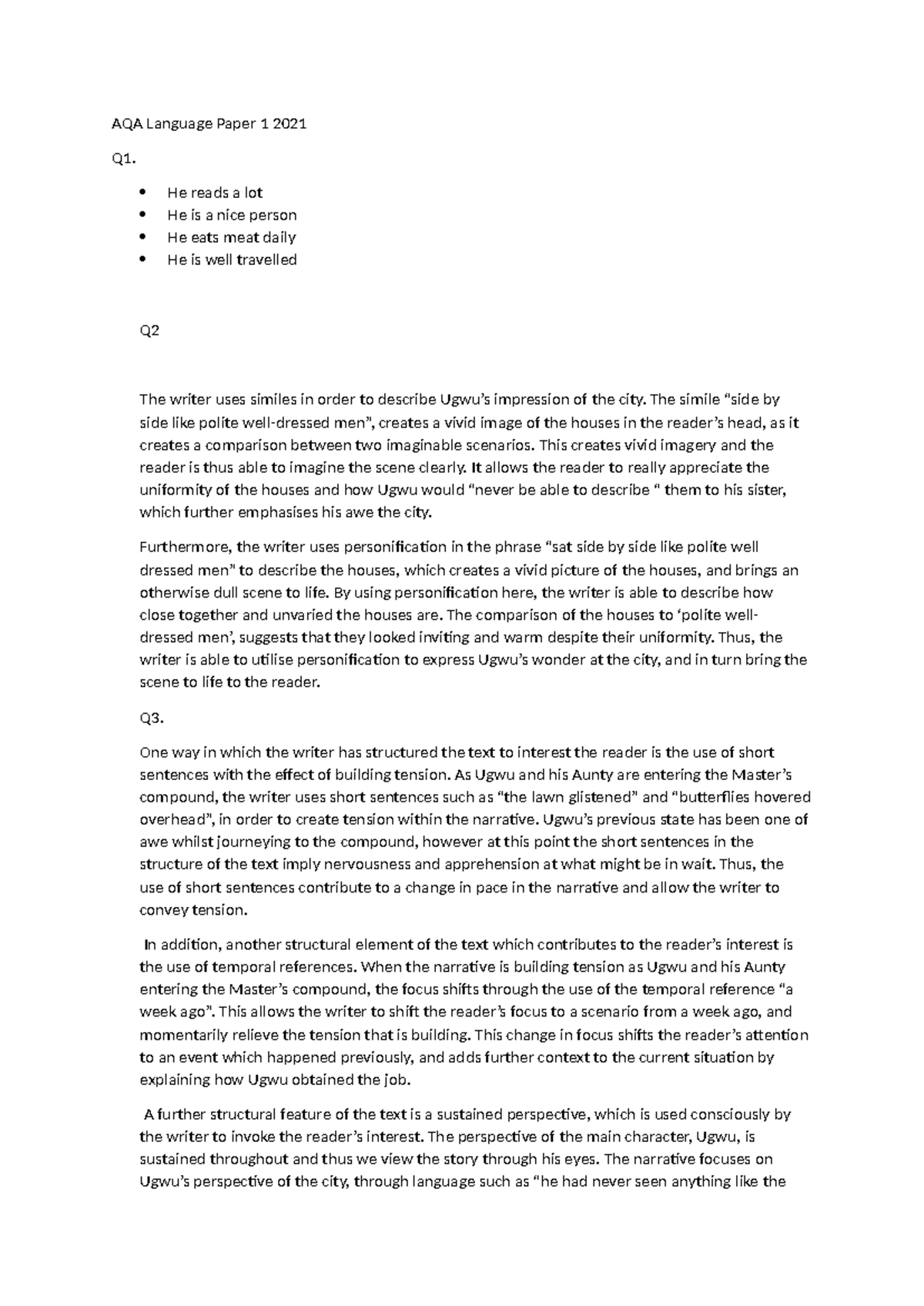 AQA Language Paper 1 2021 - AQA Language Paper 1 2021 Q1. He reads a ...