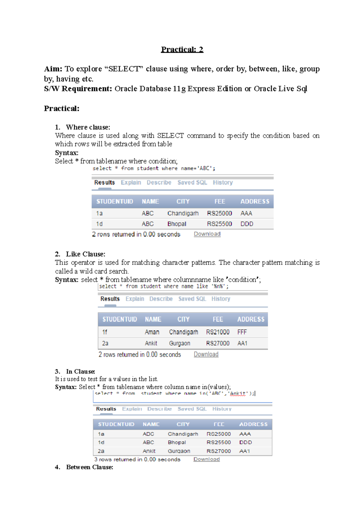 Manual Experiment 1.2 - CCC - Practical: 2 Aim: To explore “SELECT” clause using where, order by ...