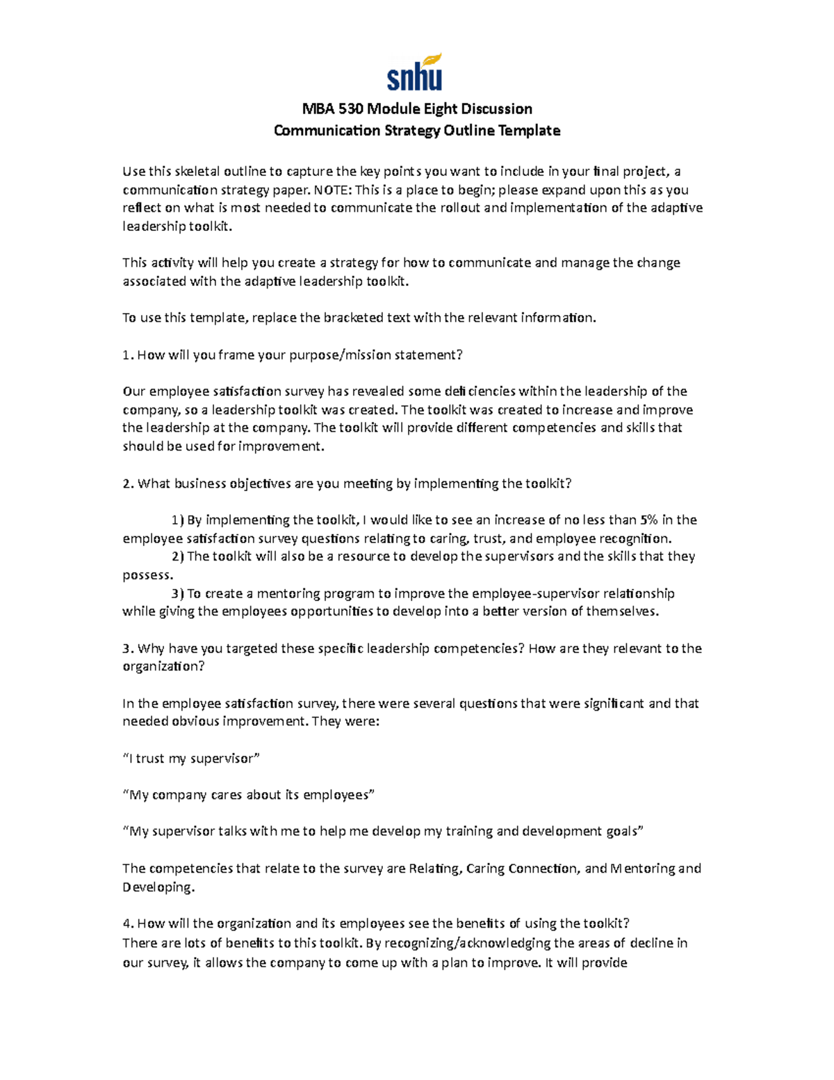 MBA 530 Module Eight Discussion Communication Strategy Outline Template ...