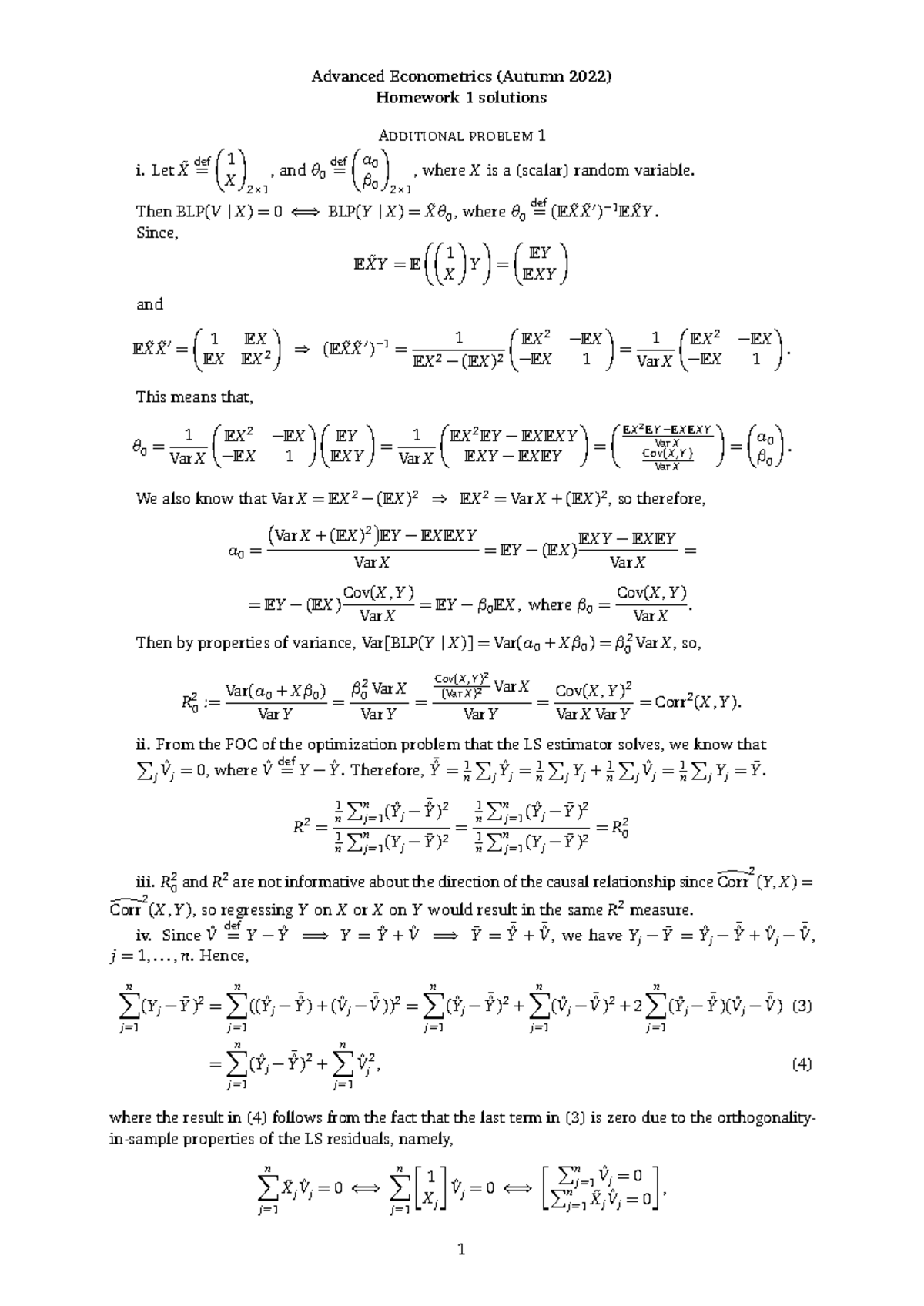 HW1 Sol - advanced level - Advanced Econometrics (Autumn 2022) Homework ...