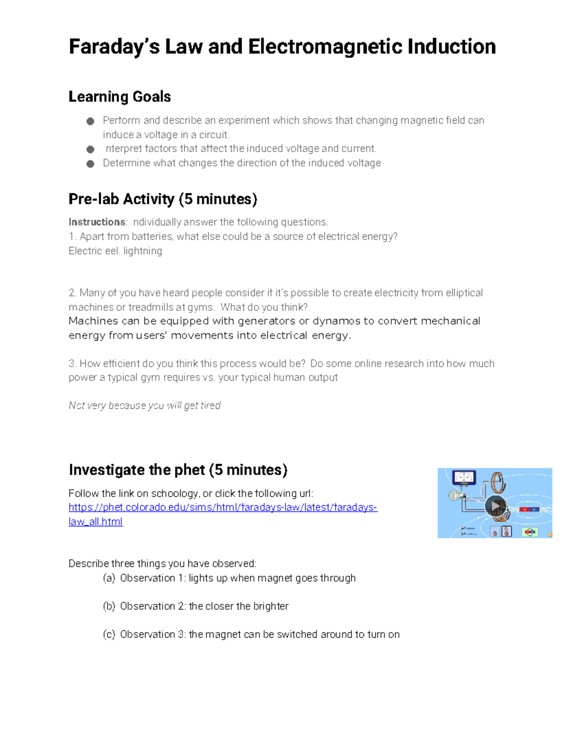 Faradays Law Lab phet - good - Faraday’s Law and Electromagnetic ...