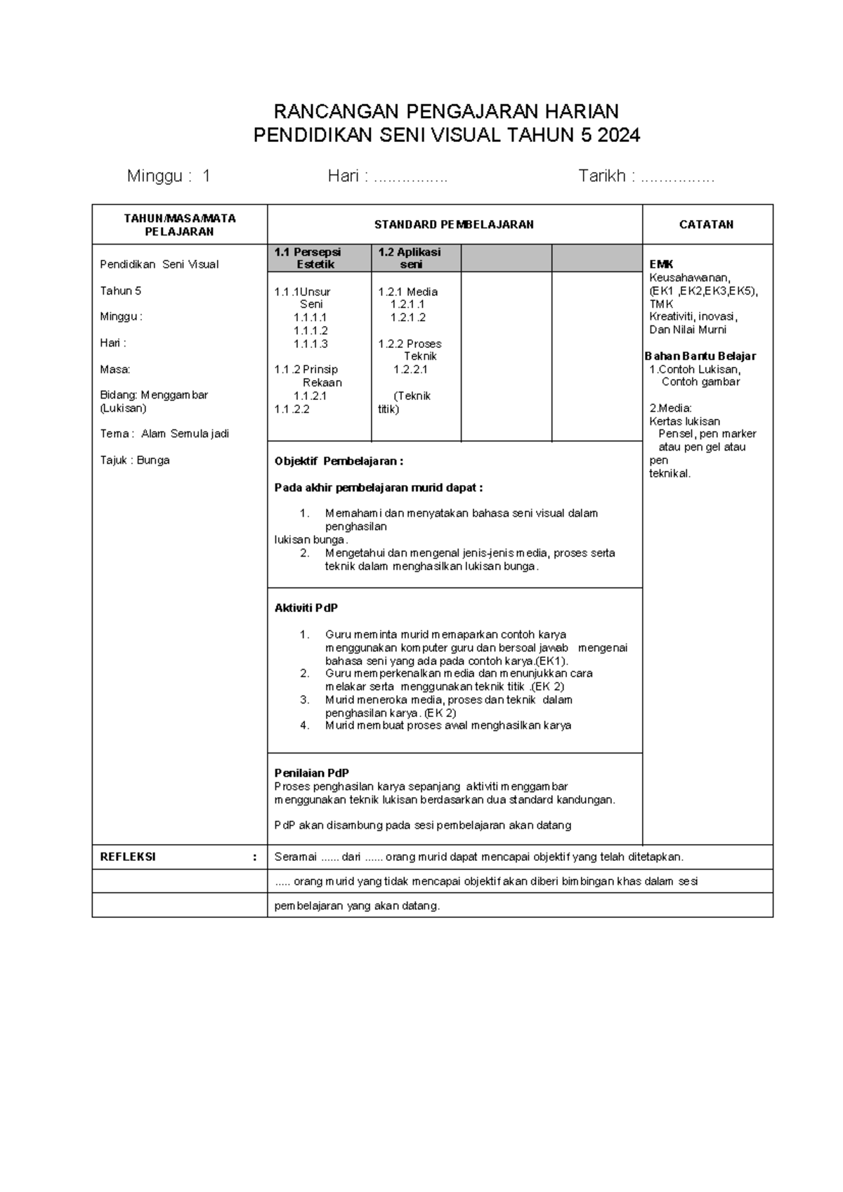 RPH SENI TH5 M1-M16 - PENDIDIKAN SENI VISUAL TAHUN 5 2024 Minggu : 1 Hari ...