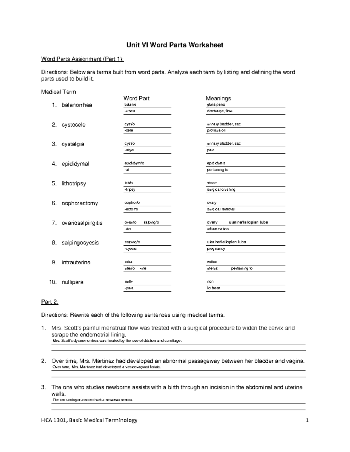 Unit 6 - A worksheet for unit 6 - HCA 1301, Basic Medical Terminology 1 ...