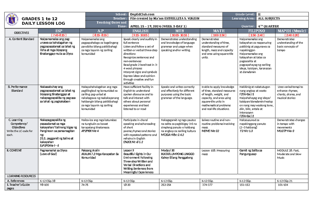 DLL ALL Subjects 2 Q4 W3 D1 - GRADES 1 to 12 DAILY LESSON LOG School ...