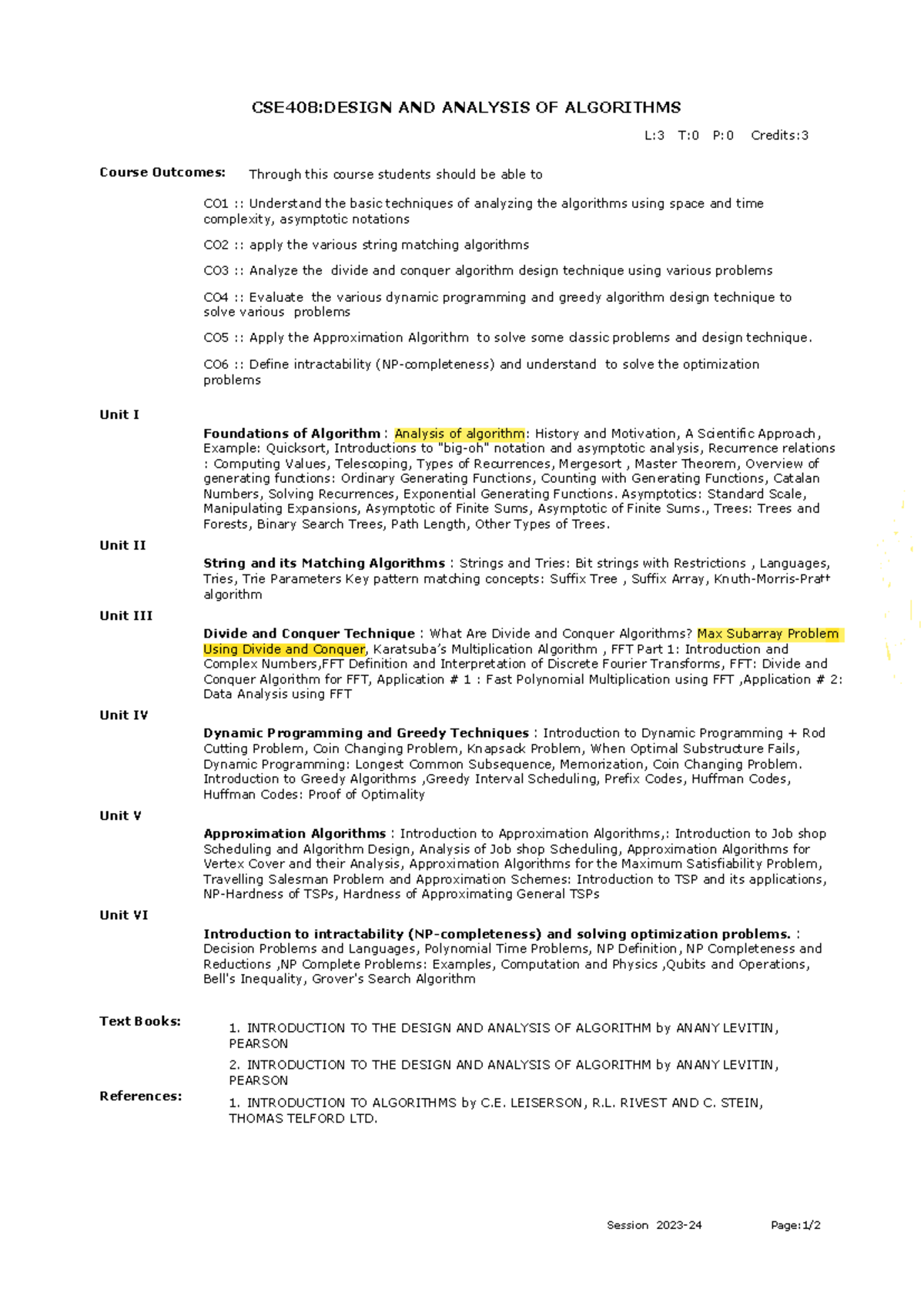 CSE408 - Summary Design and analysis of algorithm - CSE408:DESIGN AND ANALYSIS OF ALGORITHMS ...