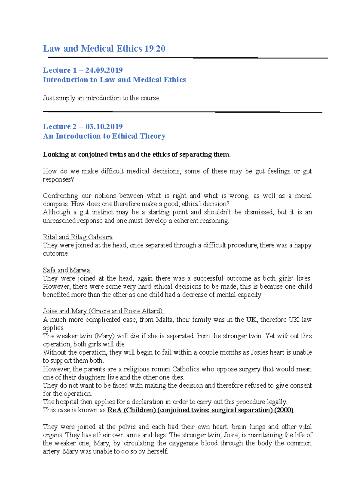 LAW AND Medical Ethics - lecture notes - Law and Medical Ethics 19 ...