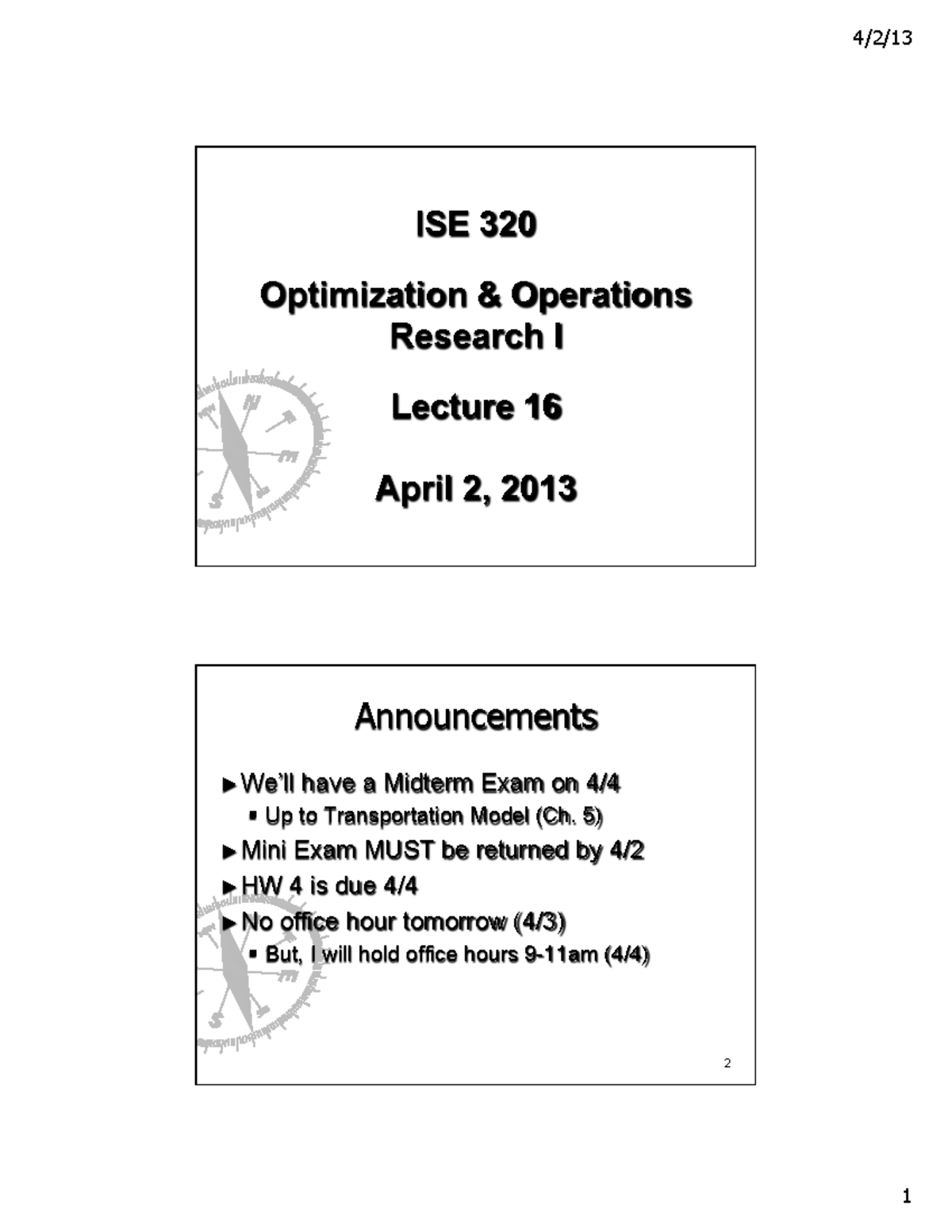 ISE 320 Optimization Operations Research I Lecture 16 April 2 2013 Announcements have - Studocu