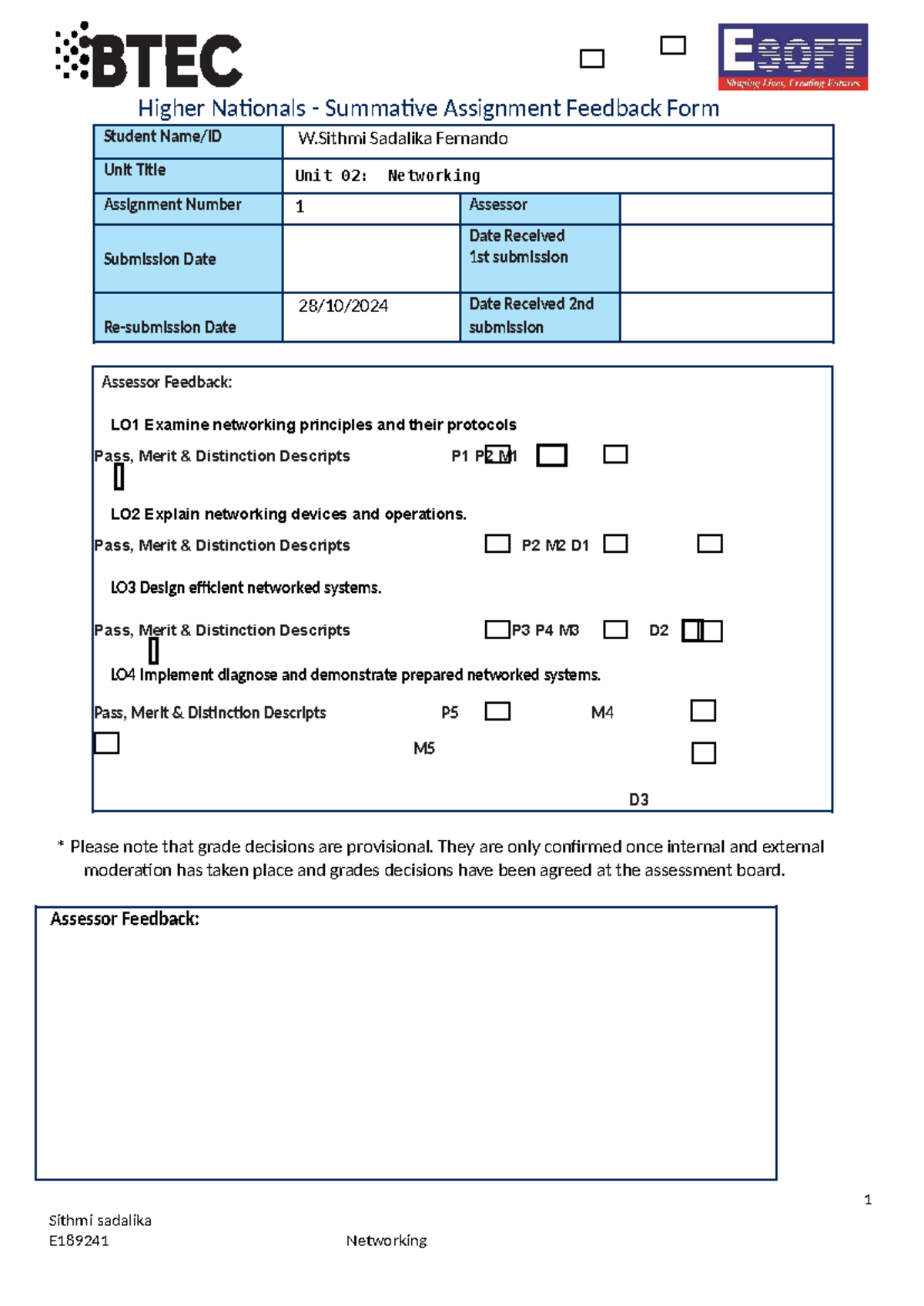 Networking E189241 - Higher Nationals - Summative Assignment Feedback Form Student Name/ID W ...