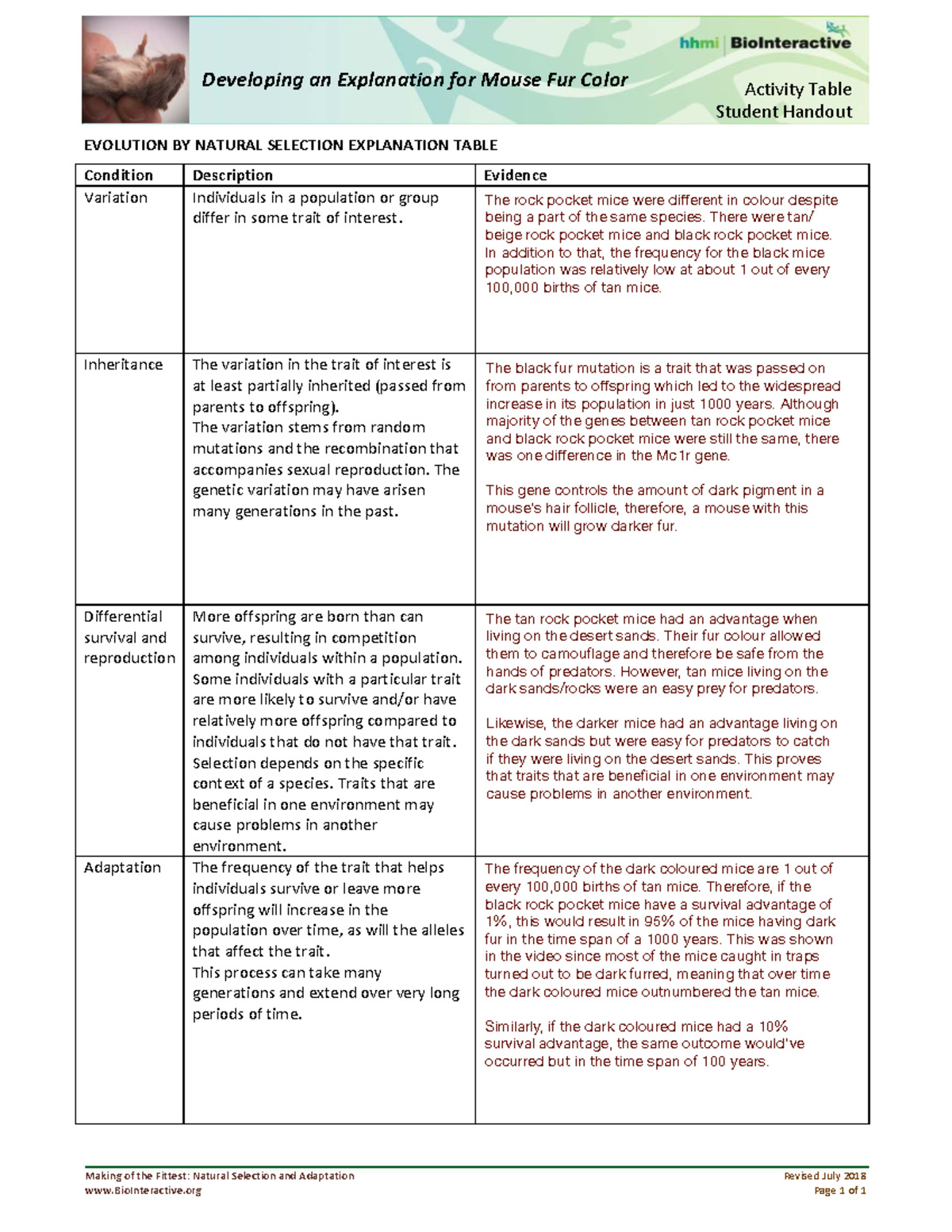 Mouse Fur Evidence Table Shehereen Rahman - Making of the Fittest ...