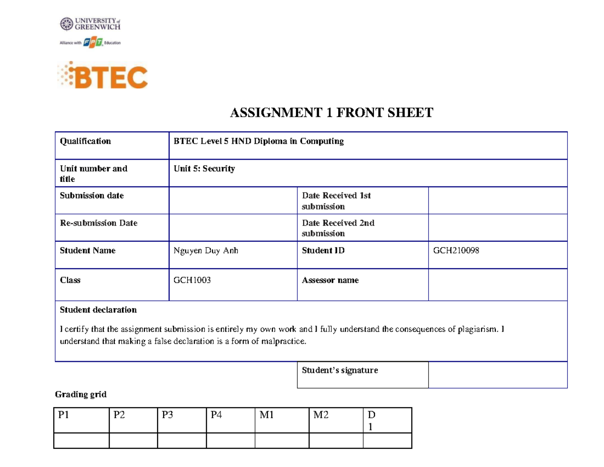 Assignment-1-Security - ASSIGNMENT 1 FRONT SHEET Qualification BTEC ...