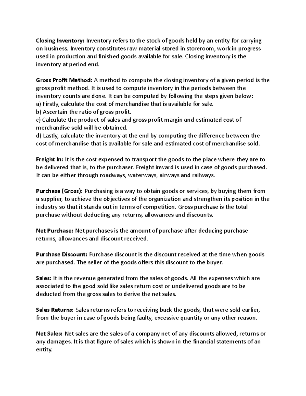 Chapter 9 Notes - Closing Inventory: Inventory refers to the stock of ...