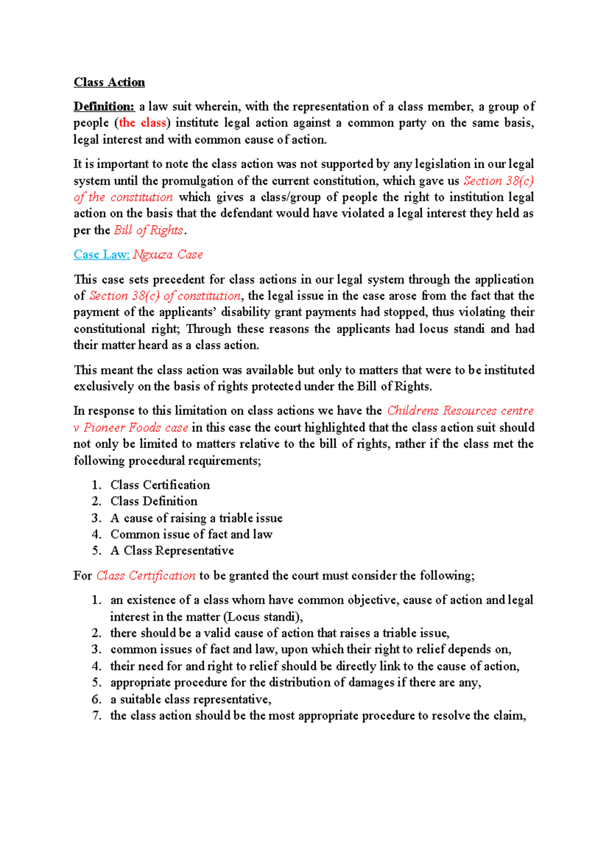 Civil Procedure Summarty notes - Class Action Definition: a law suit ...