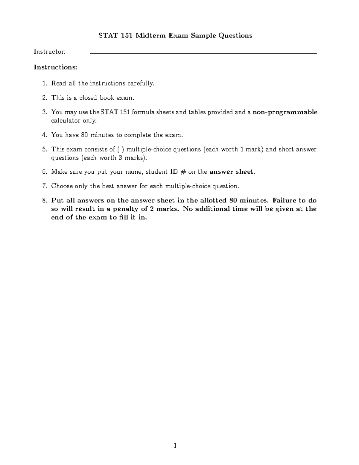 Stat151sample Midterm 1 And Answers Stat 151 Midterm Exam Sample Questions Instructor Rui