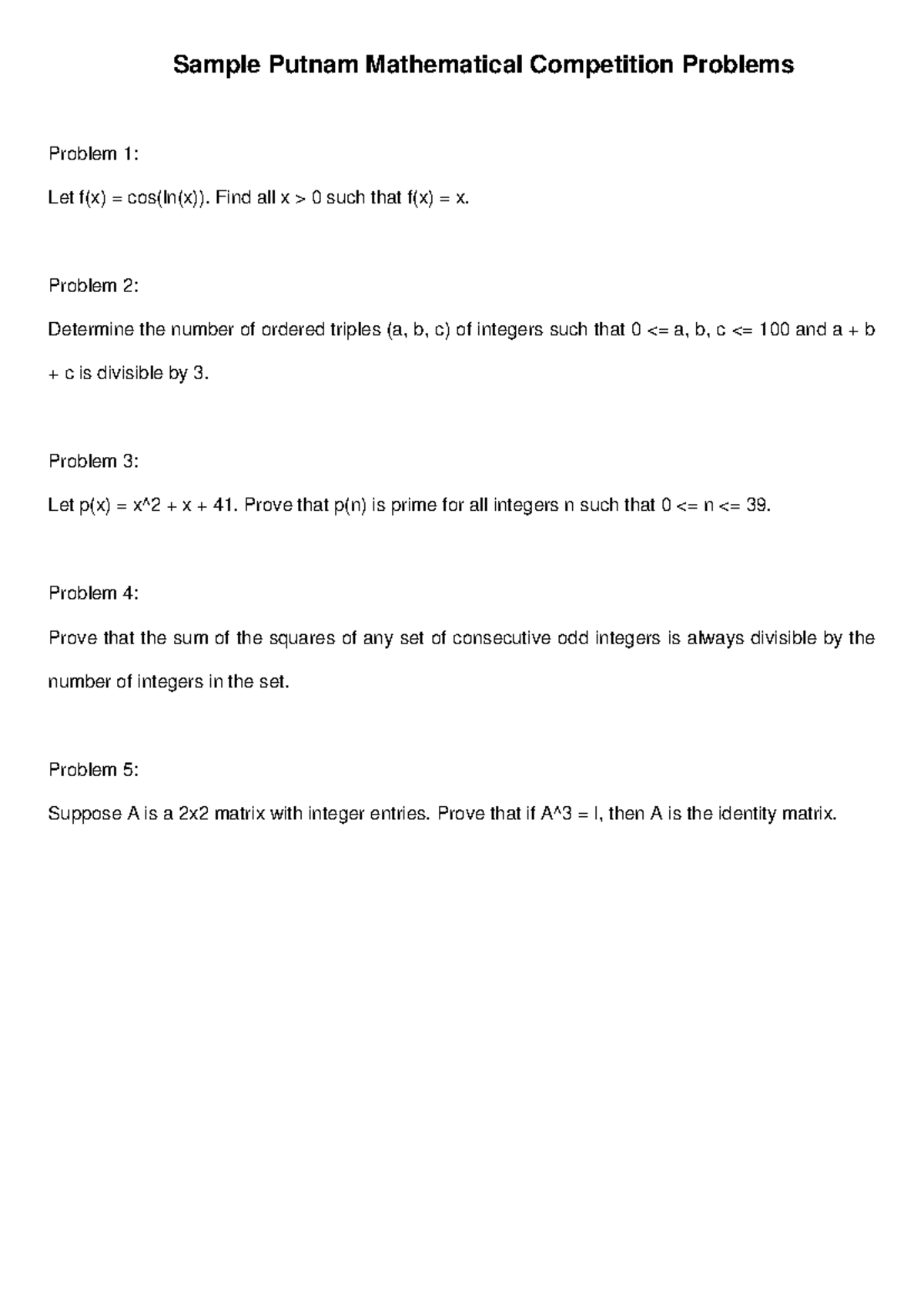 Putnam Sample Problems Updated - Sample Putnam Mathematical Competition ...