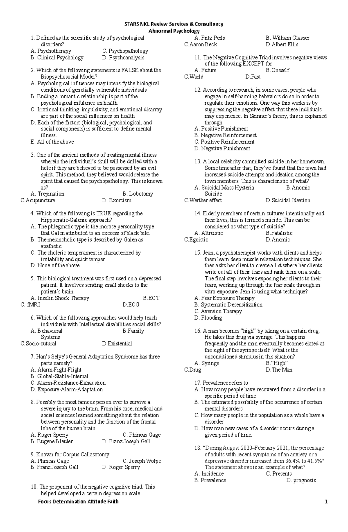 Abnormal Psychology 200 Items test - Abnormal Psychology Defined as the ...