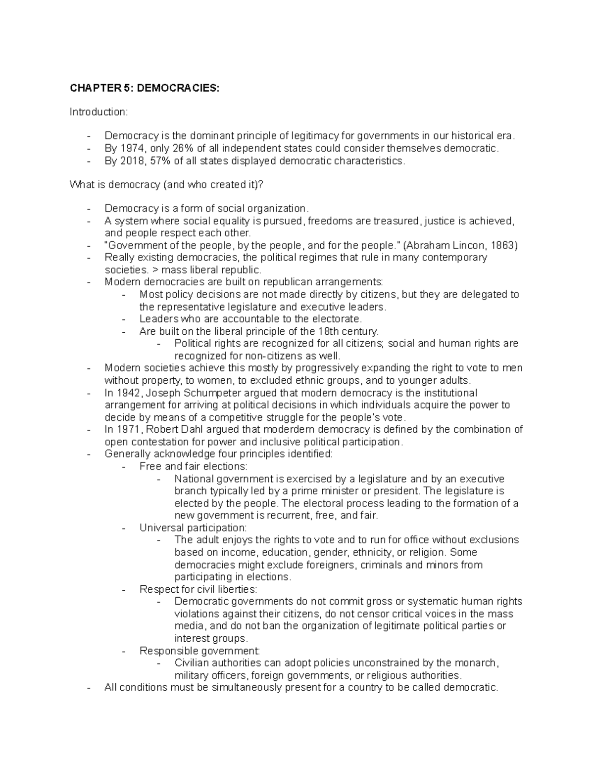 Poli 203, chapert 5, part 1 - CHAPTER 5: DEMOCRACIES: Introduction ...